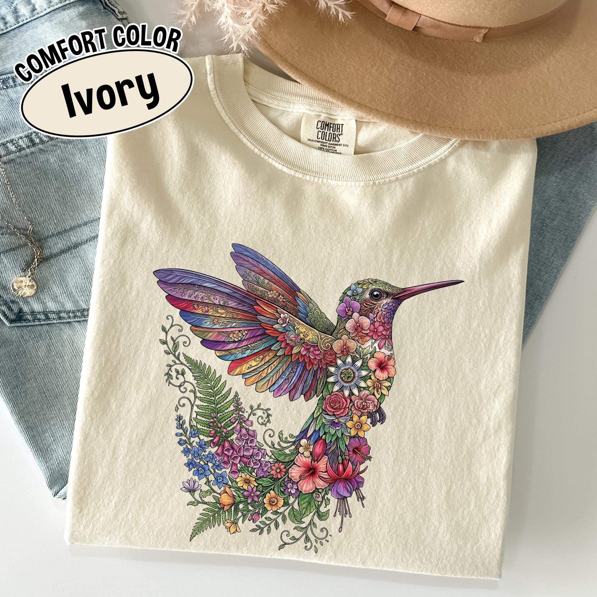 Floral Hummingbird Shirt Colorful Bird Graphic Tee Spring Flower TShirt ...
