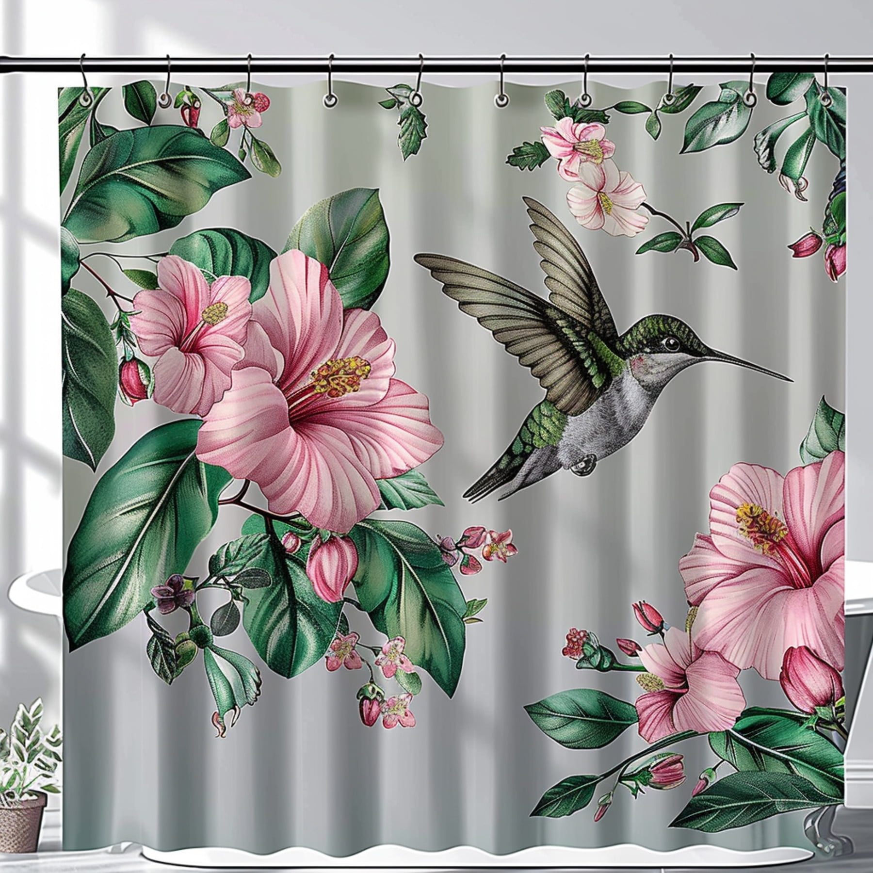 Floral And Hummingbird Shower Curtain Festive Pink Bathroom Decor With