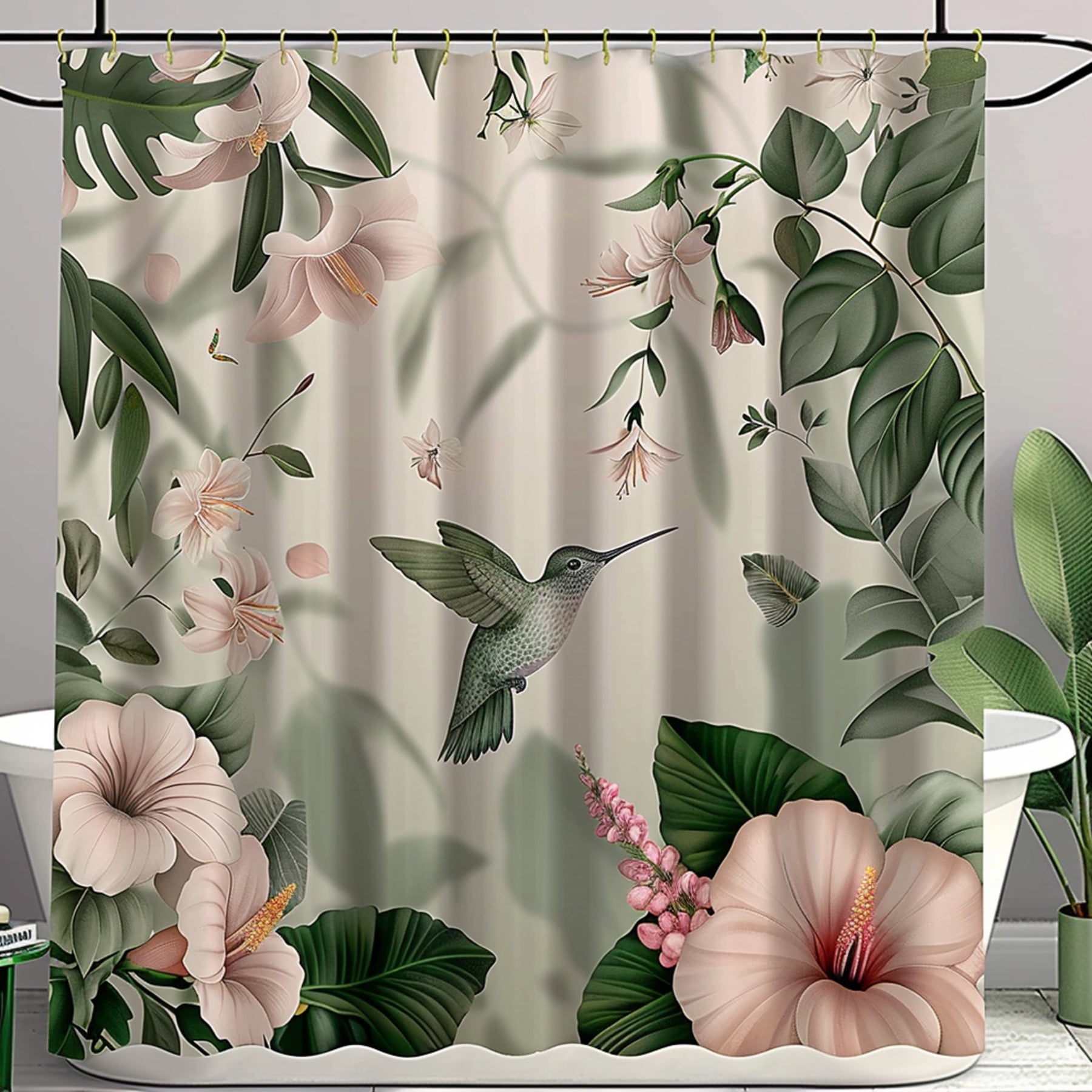 Floral Hummingbird Shower Curtain Pink Flowers Green Leaves Grey
