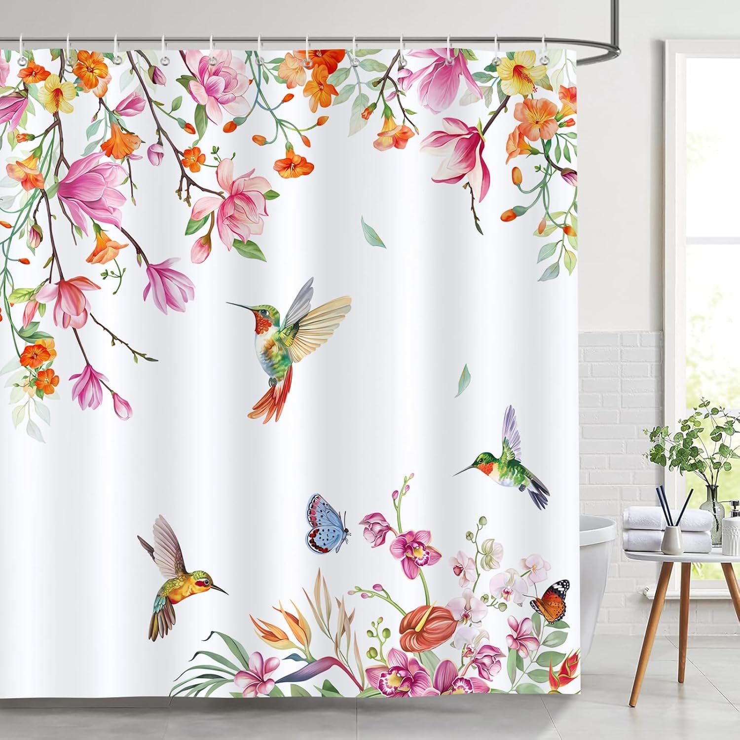 Floral Hummingbird Shower Curtain Pink Orange Flower Birds Plant Spring ...