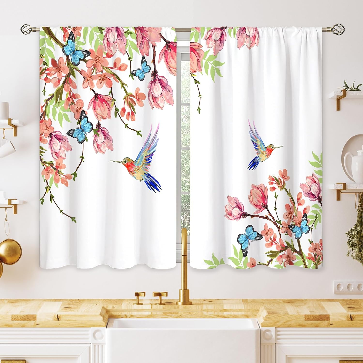 Floral Hummingbird Small Kitchen Curtains Pink Flower Window Treatment ...