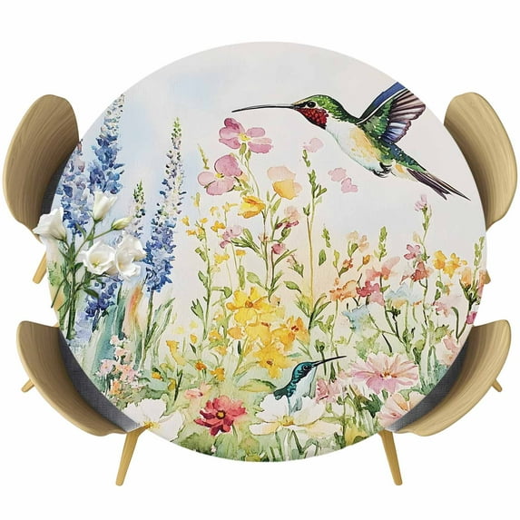 Floral Hummingbird Table Cloth, Round Fitted Tablecloths with Elastic ...