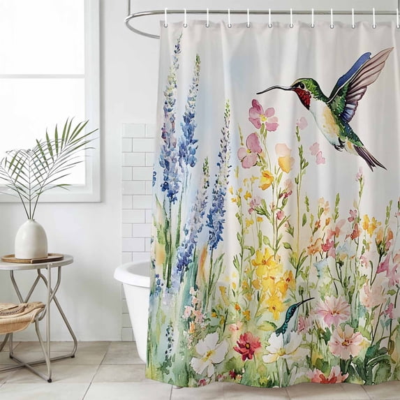 Floral Hummingbird Waterproof Fabric Shower Curtain,Spring Watercolor ...