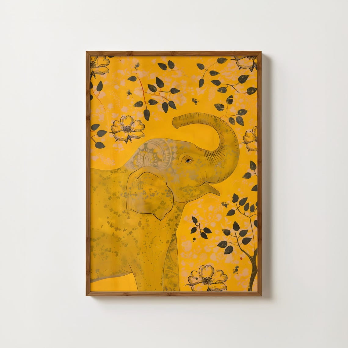 Floral Indian Elephant Print Yellow Elephant Elephant Wall Art Folk Art ...