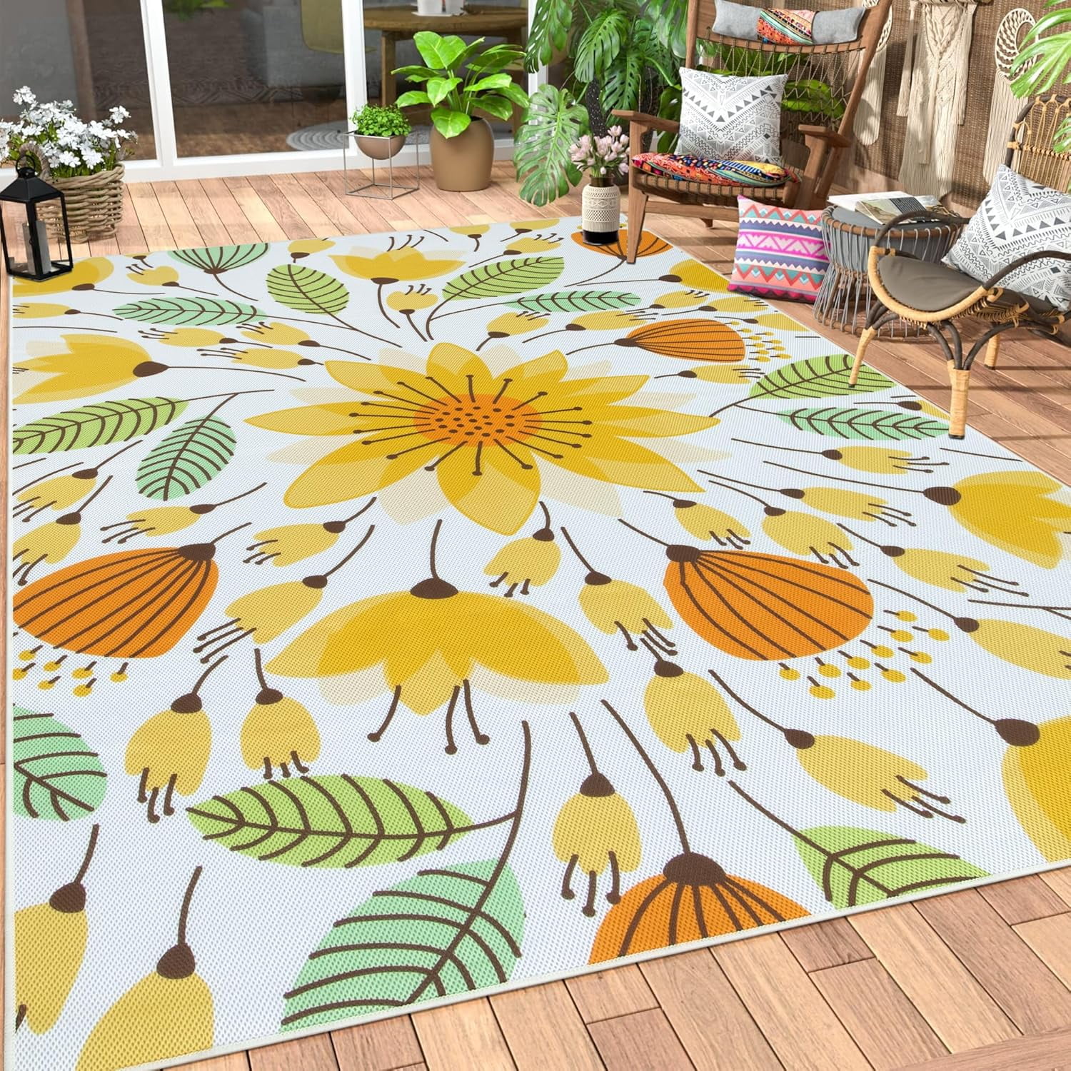 Floral Indoor Outdoor Rug 8x10, Non Slip Outdoor Patio Rug for Camping ...