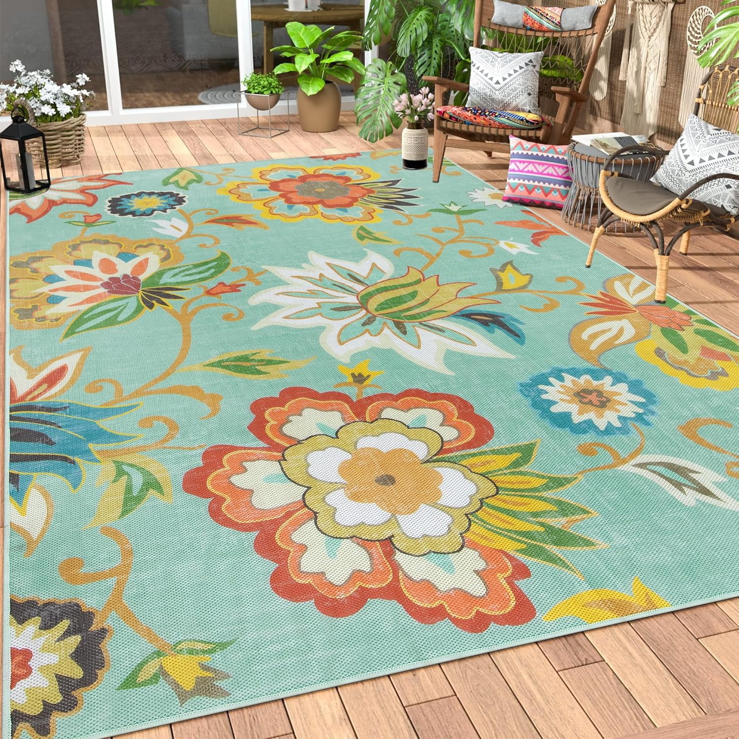 Floral Indoor Outdoor Rugs, 6x9ft Non Slip Outdoor Patio Rug for ...