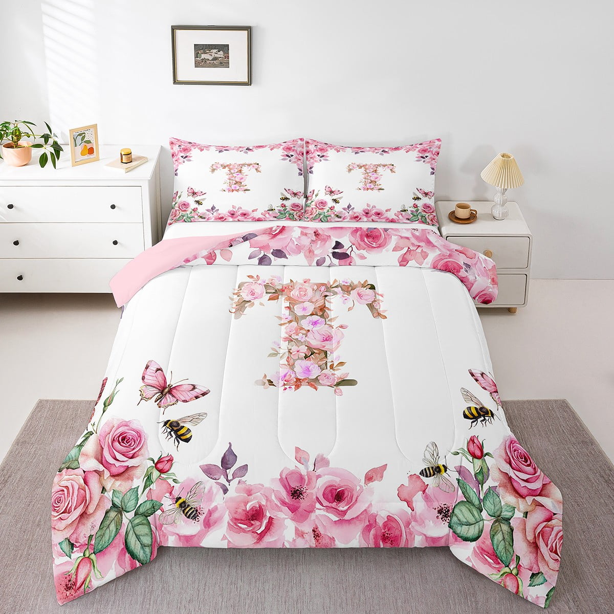 Floral Initial Letter T Comforter Set,Twin Initial A-Z Bedding Set,ABC ...