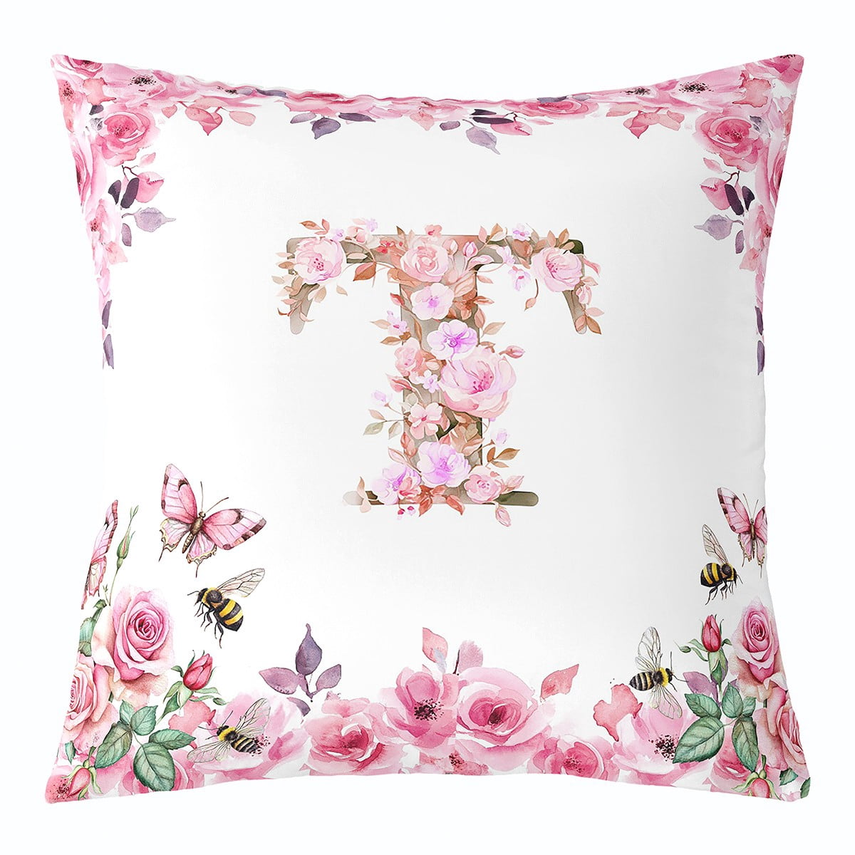 Floral Initial Letter T Throw Pillow Cover,16x16 inch Initial A-Z ...