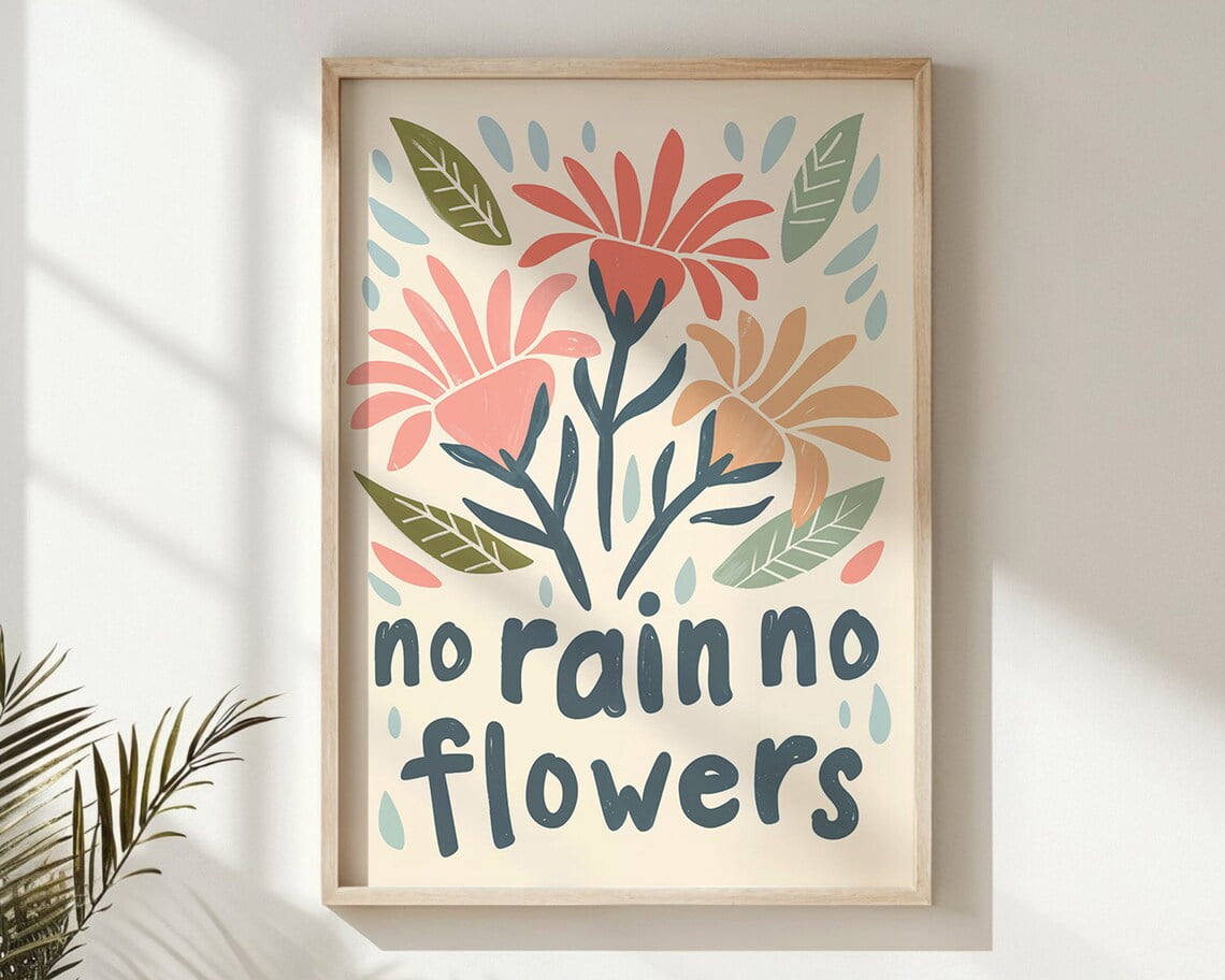 Floral Inspirational Quote Nursery Wall Art, No Rain No Flowers Kids ...