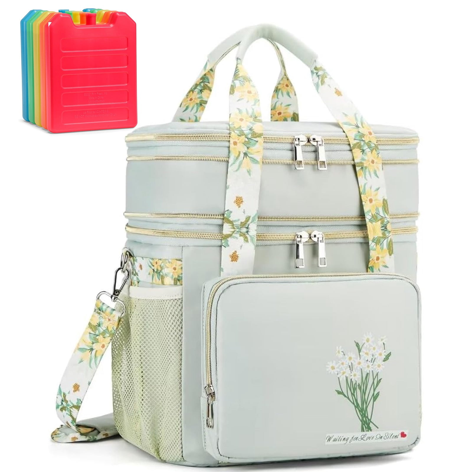 Floral Insulated Lunch Bag for Women with 5 Slim Ice Packs, Large 16L ...
