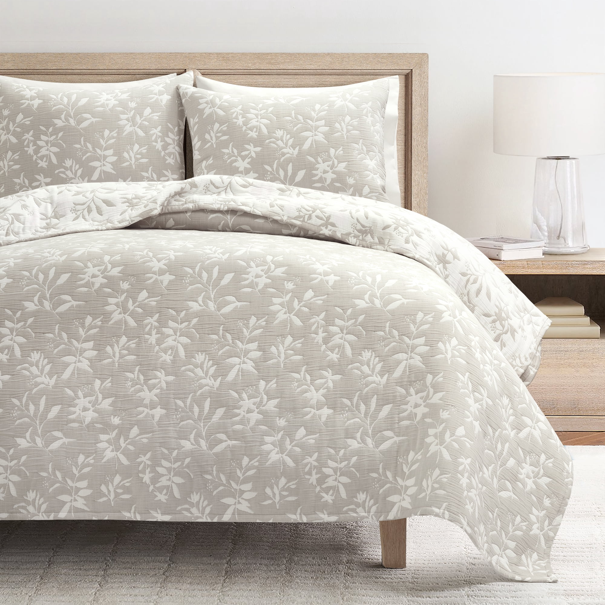 Floral Jacquard Reversible Soft Matelassé Quilt Neutral 3Pc Set Full ...