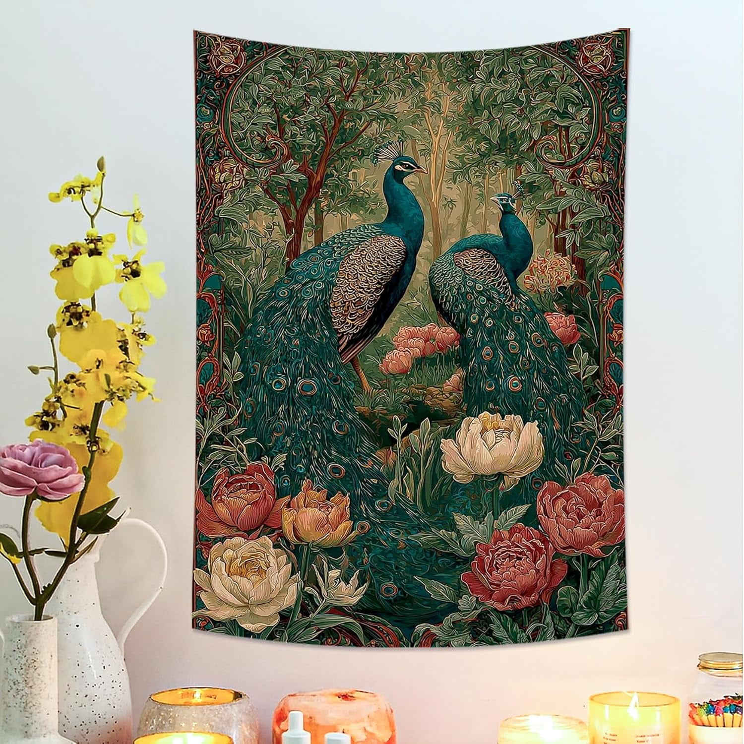 Floral Jungle Bohemian Cotton Wall Hanging Tapestry Peacock Green 30 x ...