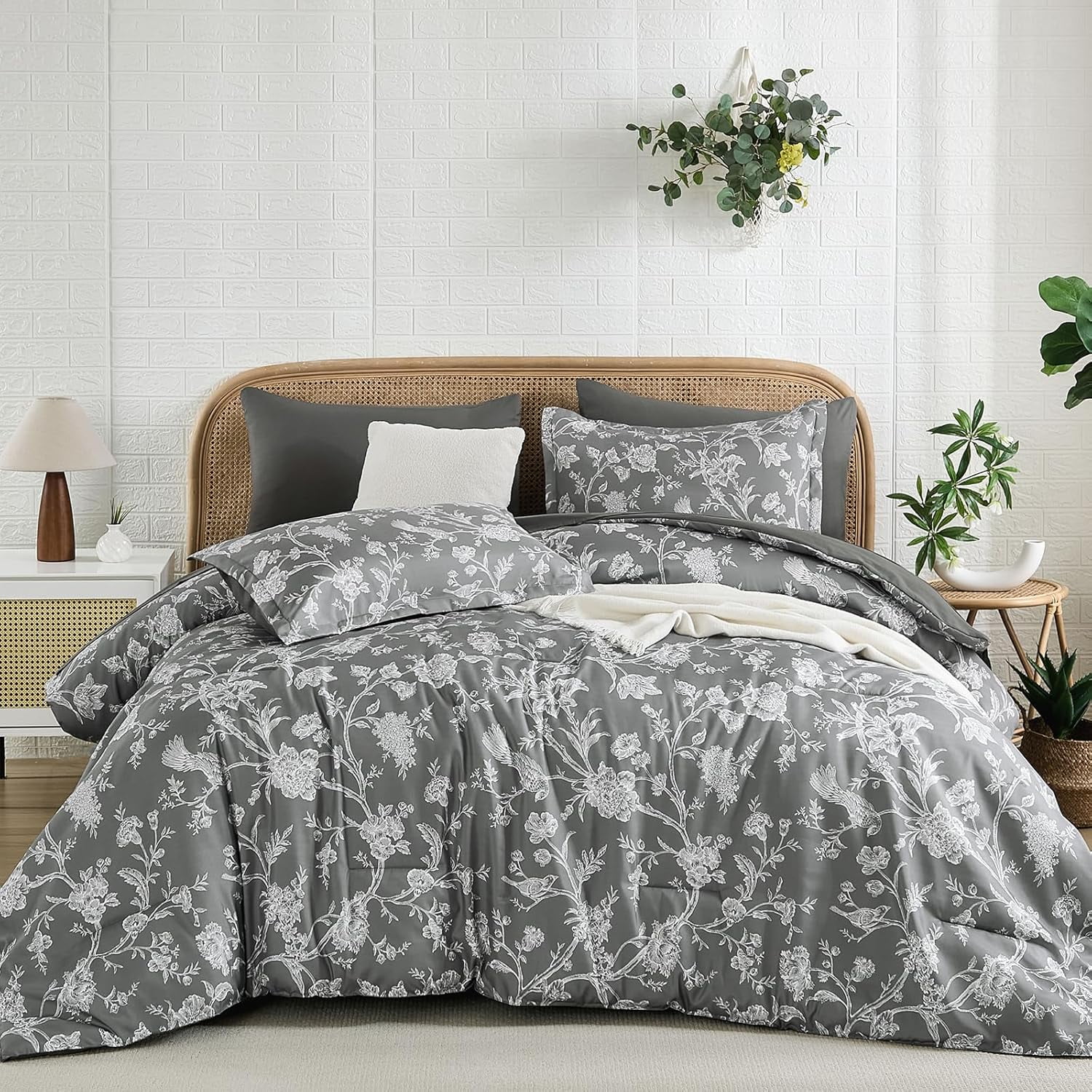 Floral King Comforter Set 7 Pieces Bed in a Bag, Grey Flower with Bird ...