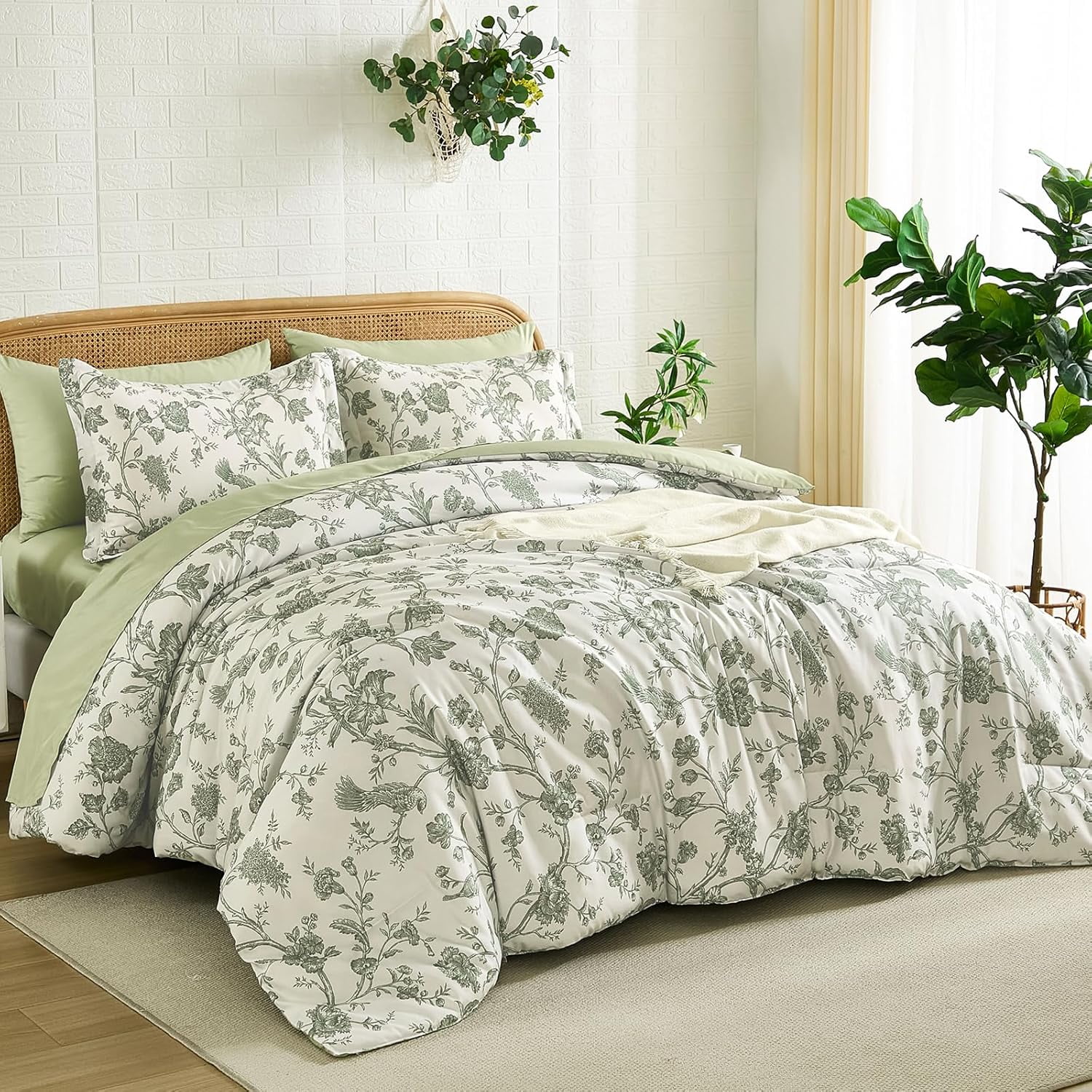 Floral King Comforter Set 7 Pieces Bed in a Bag, Sage Green Flower with ...