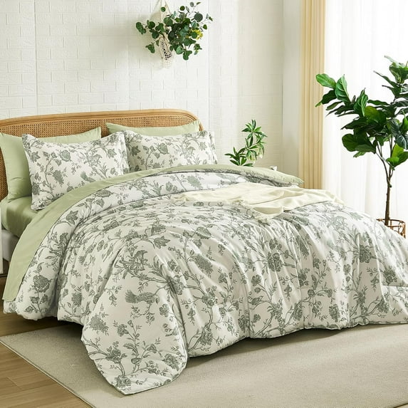 Floral King Comforter Set 7 Pieces Bed in a Bag, Sage Green Flower with ...