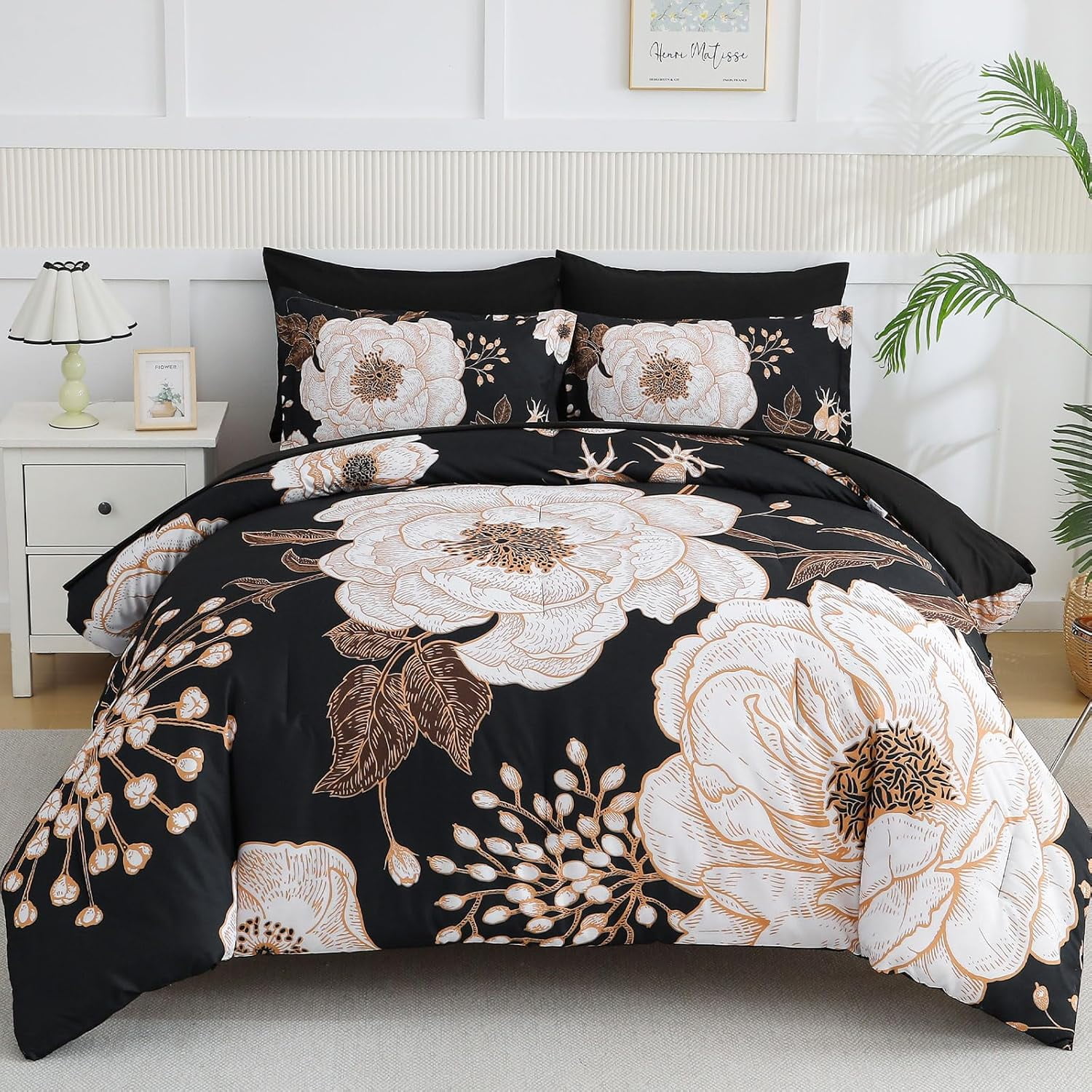 Floral King Comforter Set 7 Pieces Bed in a Bag, White Flower Print on ...