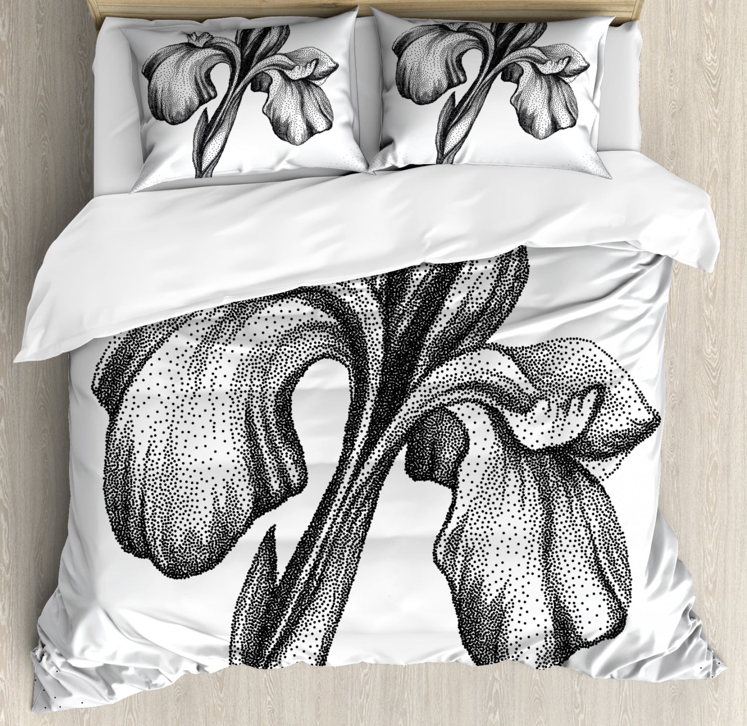 Floral King Size Duvet Cover Set, Dotwork Style Hand Drawn Lily Blooms ...