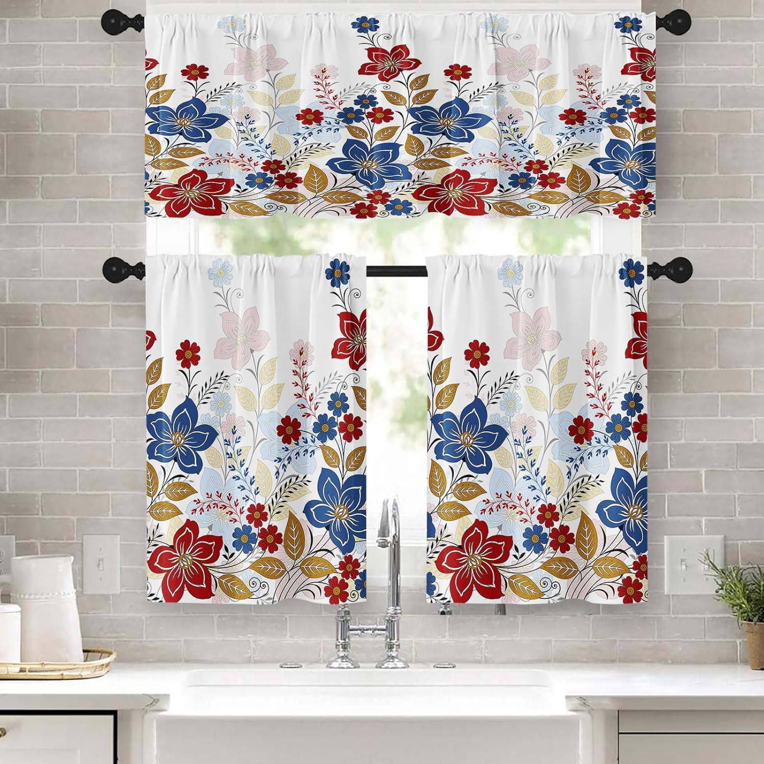 Floral Kitchen Curtains Artistic Window Curtains Valance and Tier Set ...