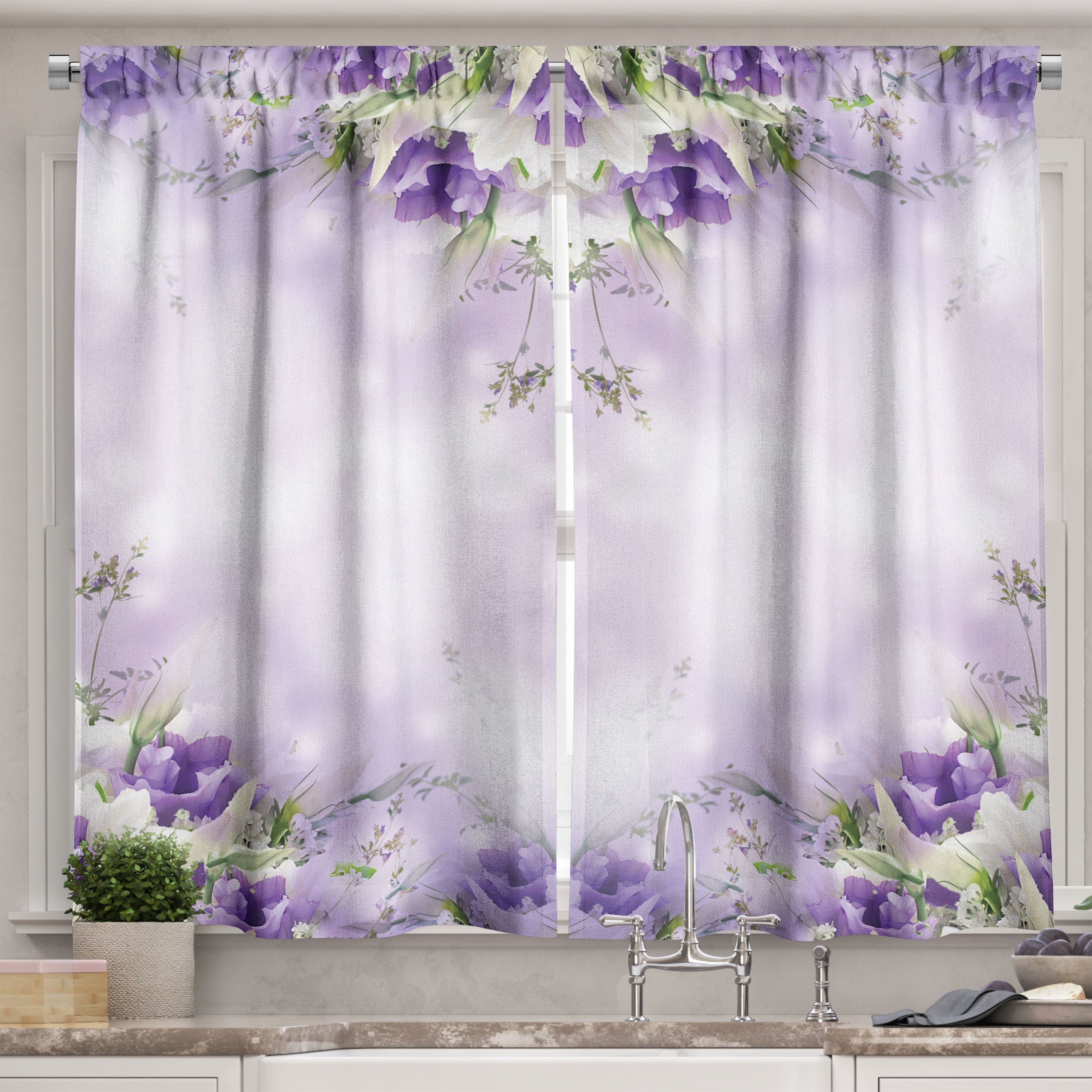 Floral Kitchen Curtains, Composition of Blossoming Flowers with Green ...