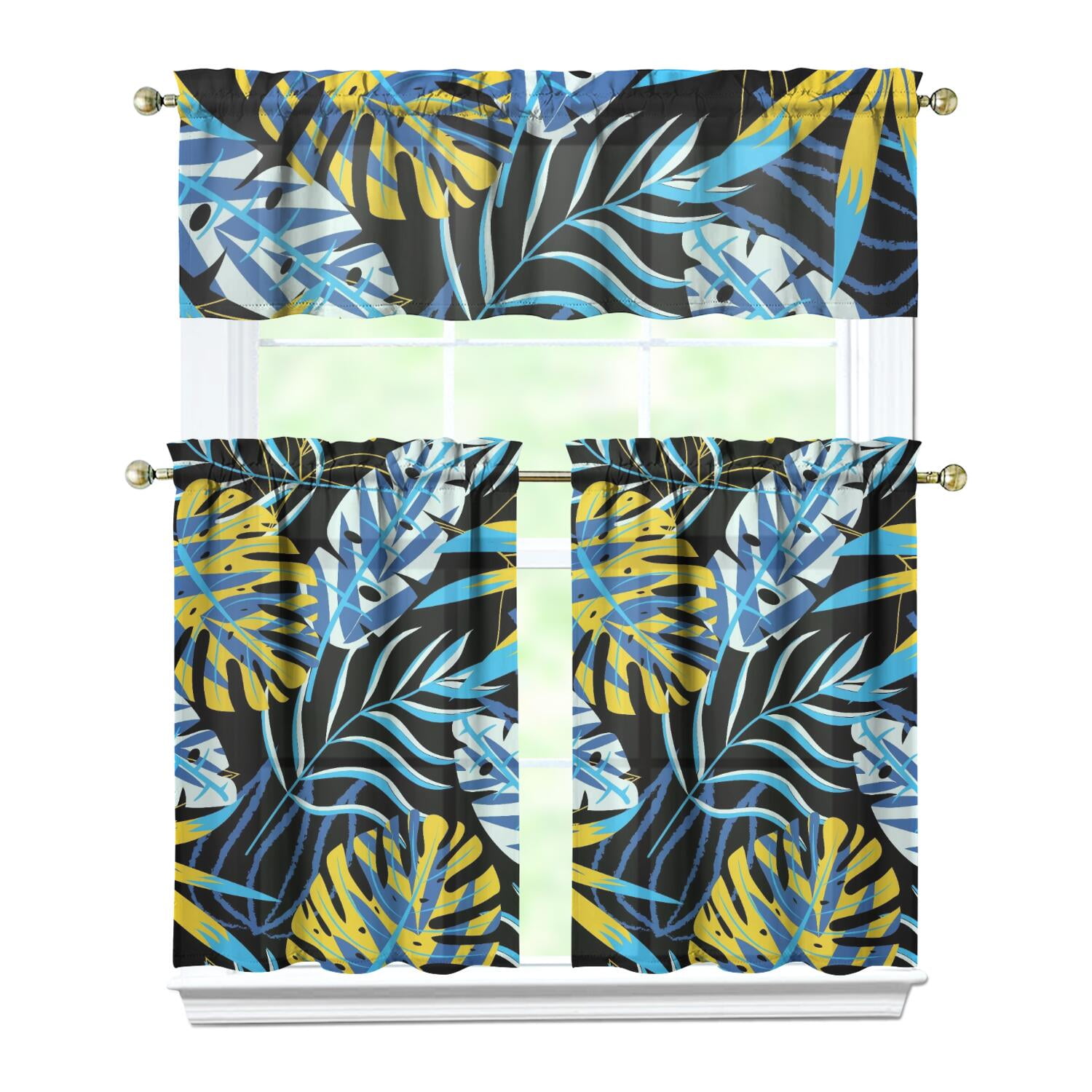 Floral Kitchen Curtains Set, Rod Pocket Tier and Valance, Tropical ...