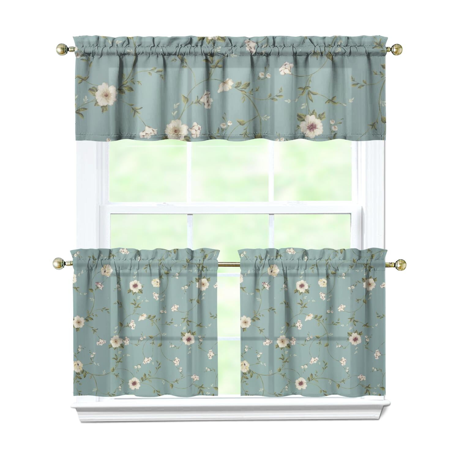 Floral Kitchen Curtains Set of 3 with Valance - Vintage Botanical Tier ...