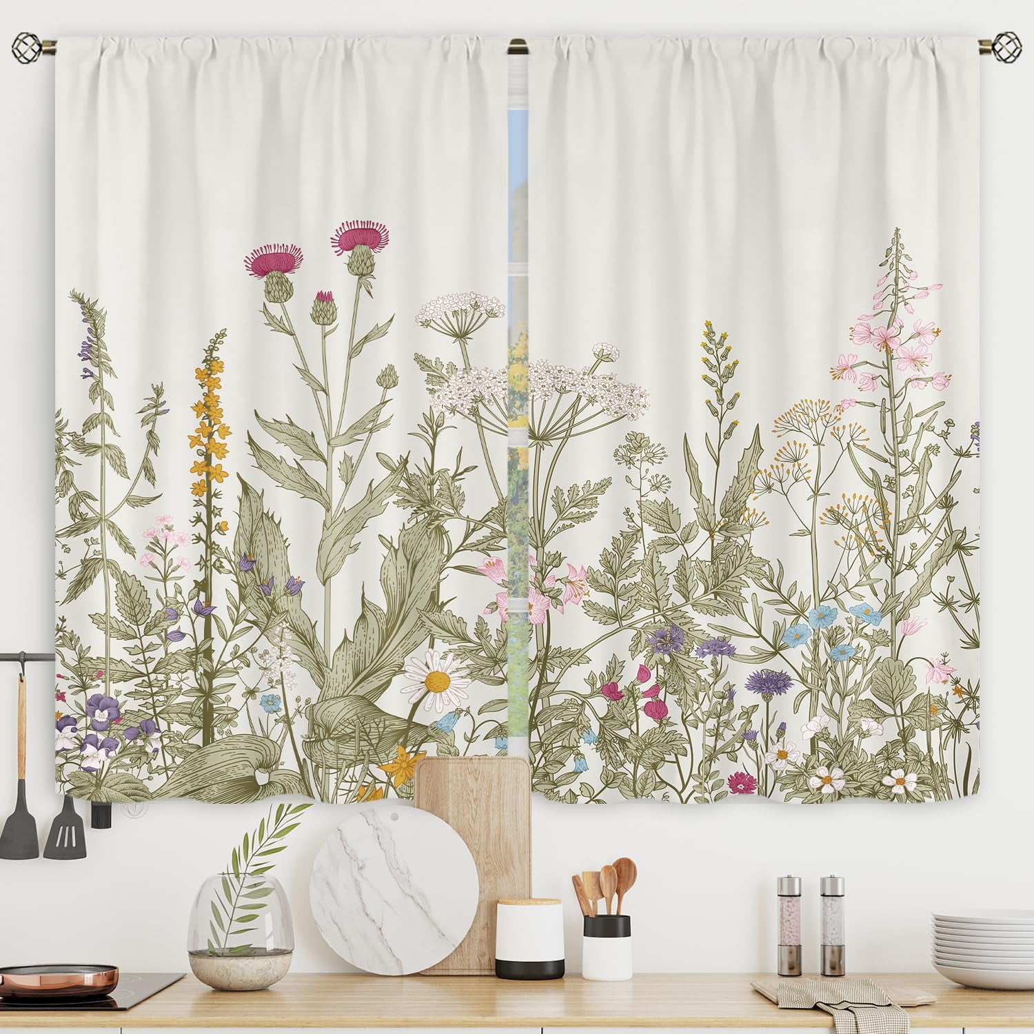 Floral Kitchen Curtains Small Wildflower Cafe Curtains Green Leaves ...