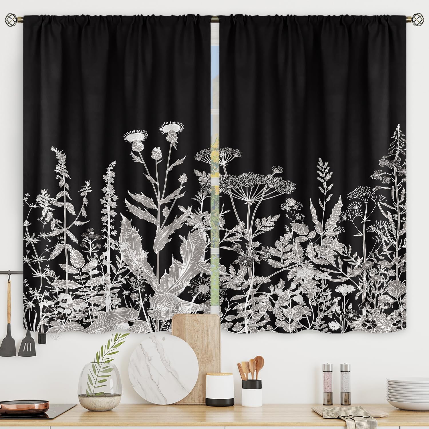 Floral Kitchen Curtains Small Wildflower Cafe Curtains Green Leaves ...