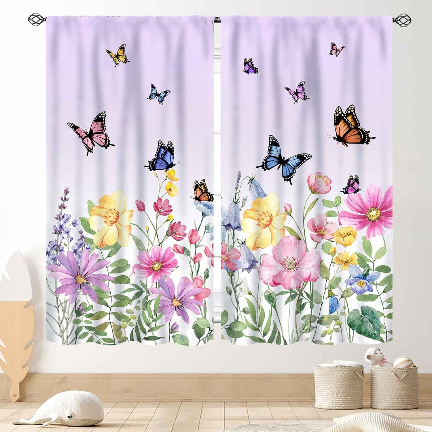 Floral Kitchen Curtains, Spring Flower Butterfly Purple Wildflower Watercolor Floral Farmhouse ...