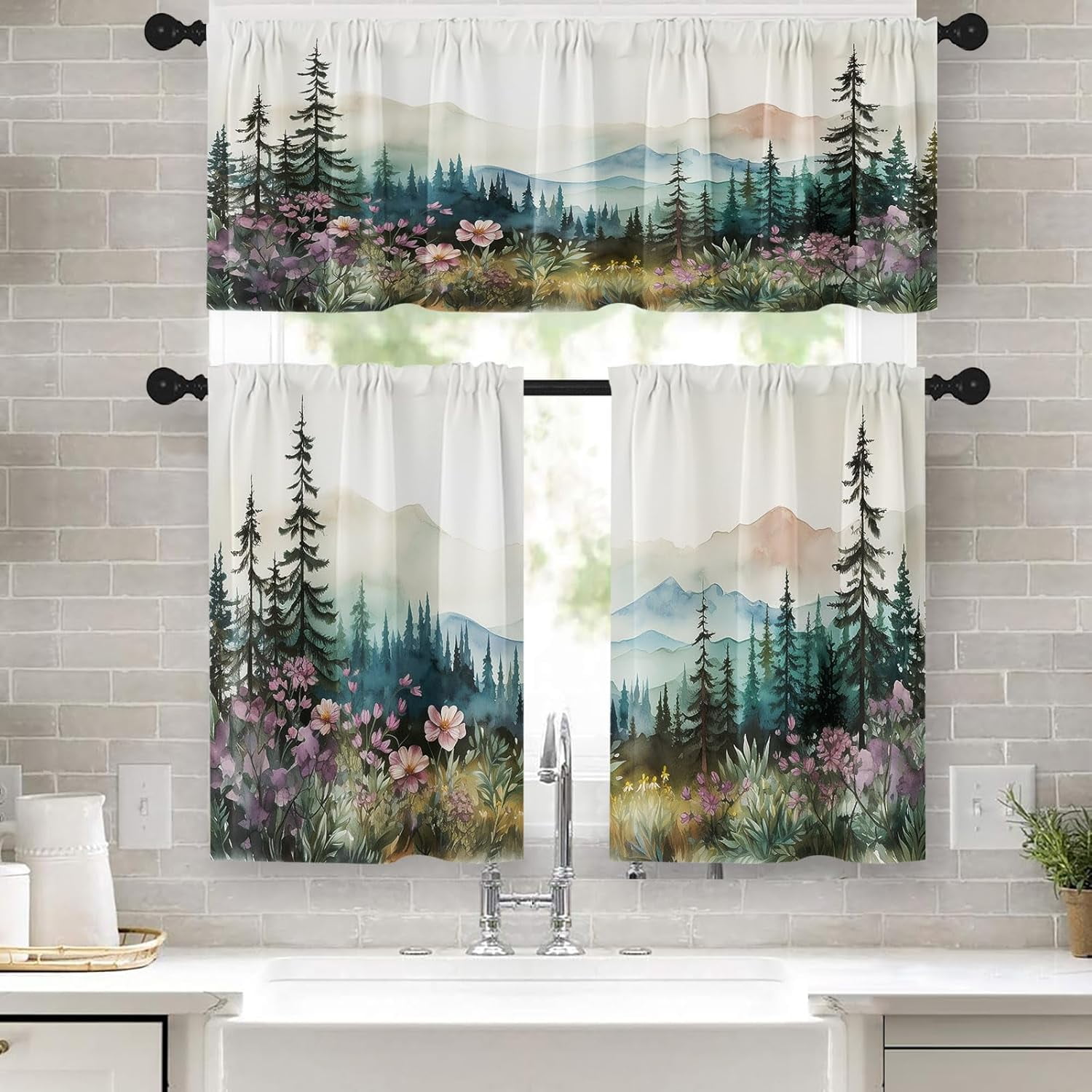 Floral Kitchen Curtains Watercolor Window Curtains Valance and Tier Set ...