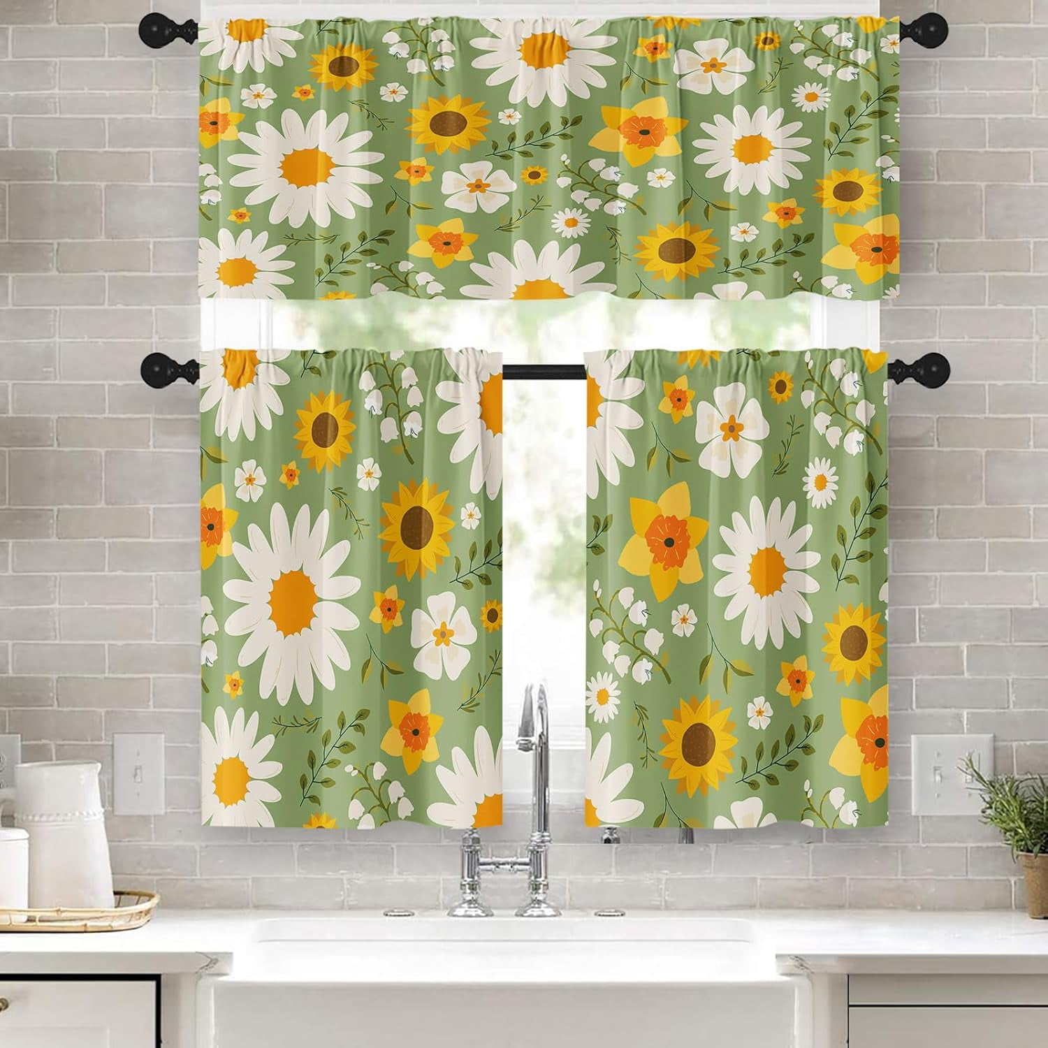 Floral Kitchen Curtains Window Curtains Valance and Tier Set 36 Inch ...
