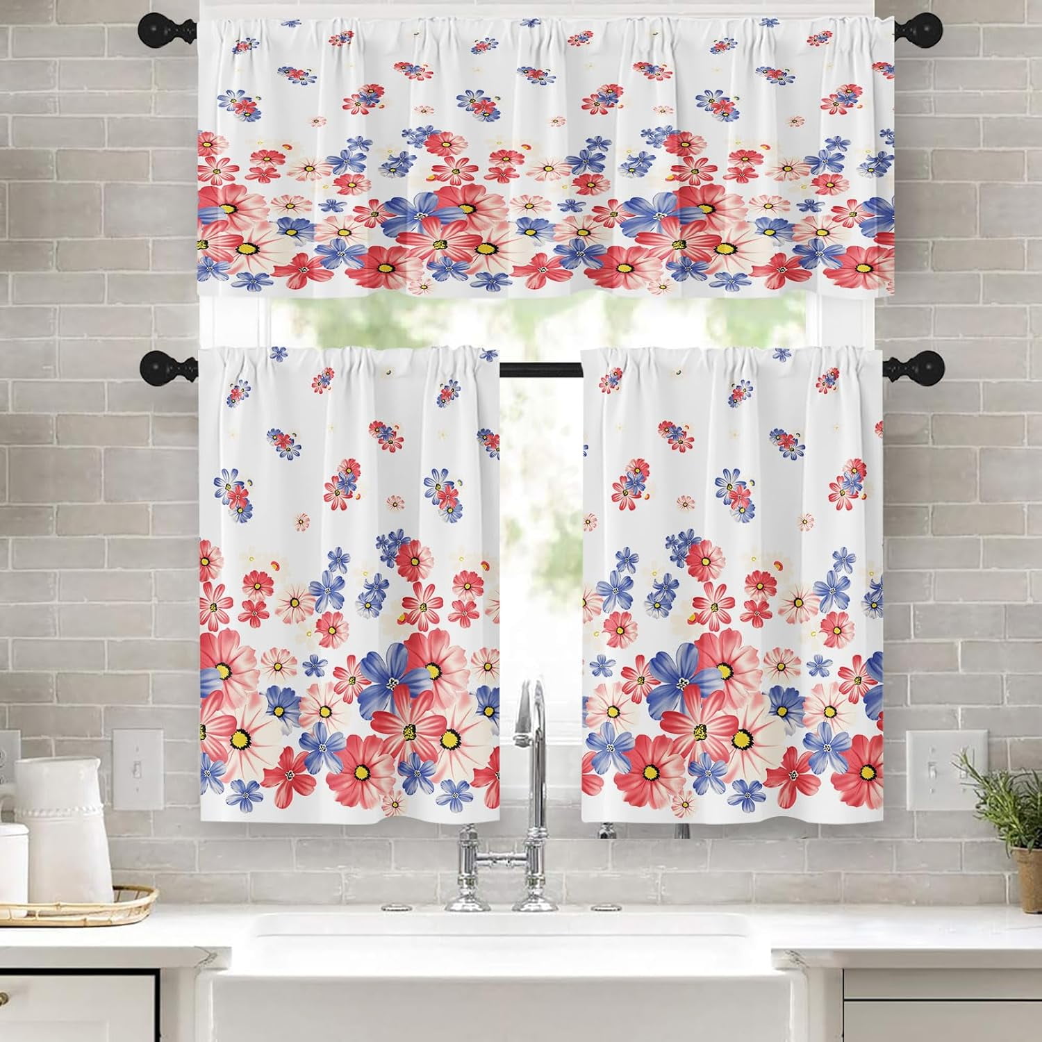 Floral Kitchen Curtains Window Curtains Valance and Tier Set 36 Inch ...