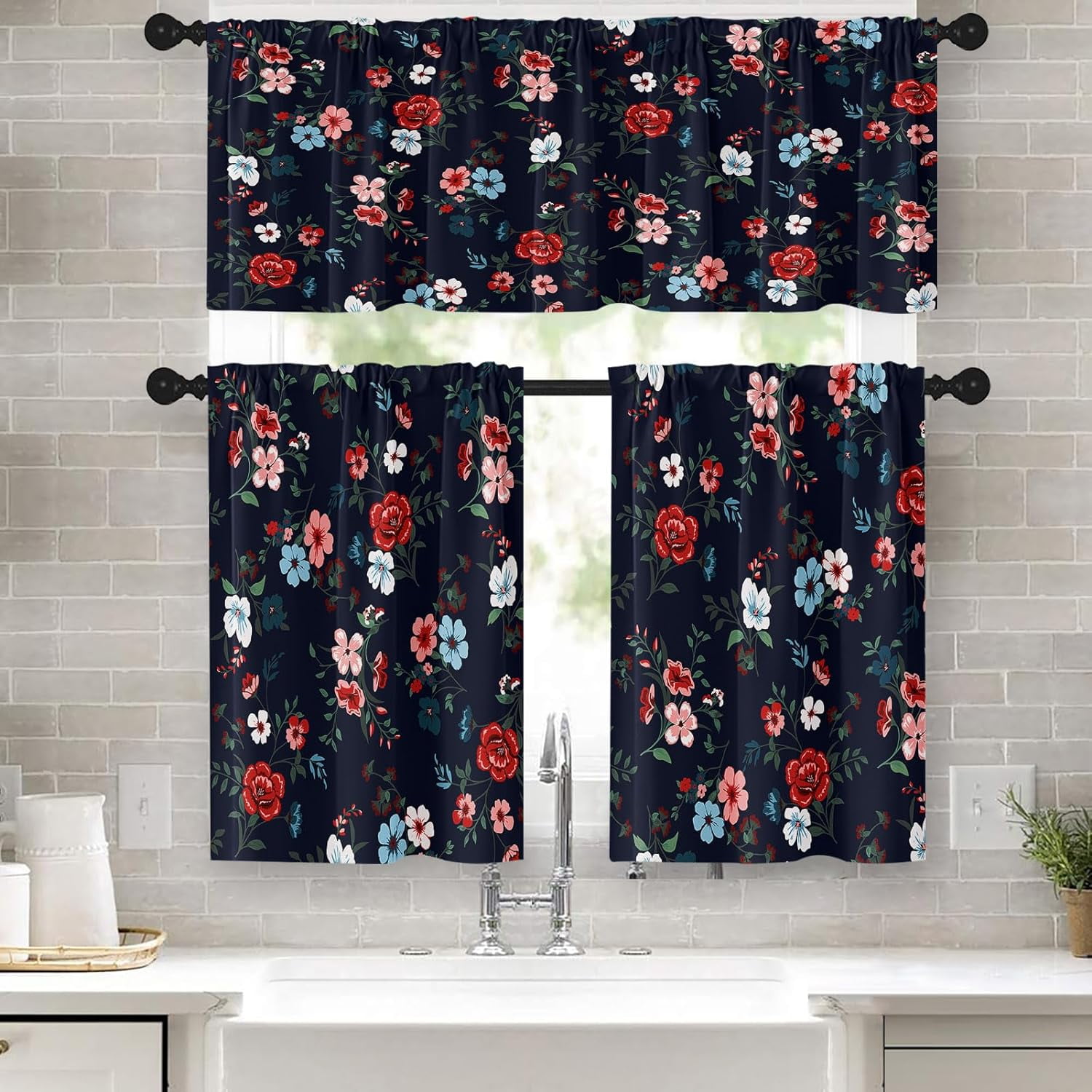 Floral Kitchen Curtains Window Curtains Valance and Tier Set 36 Inch ...
