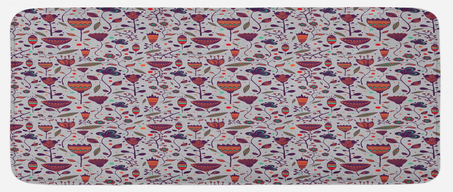 Floral Kitchen Mat, Hand Drawn Blossom Field Vibrant Magnolia Pansy ...