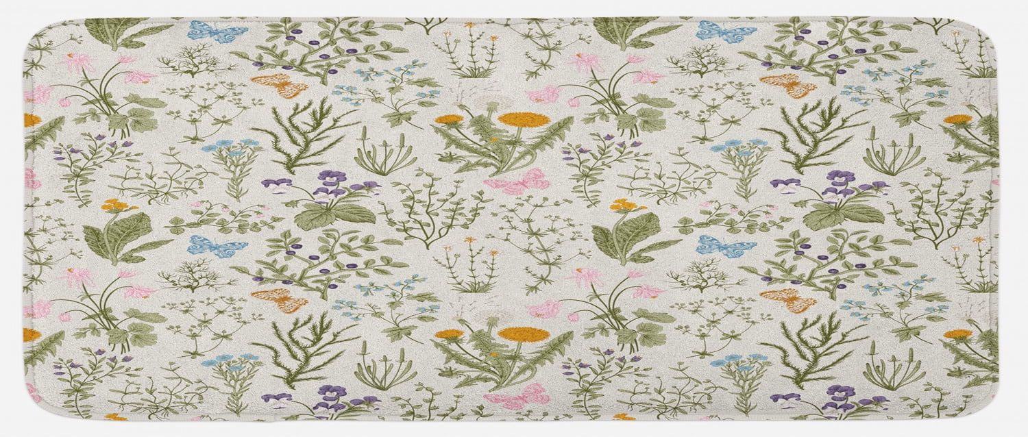 Floral Kitchen Mat, Vintage Garden Plants Herbs Flowers Botanical ...