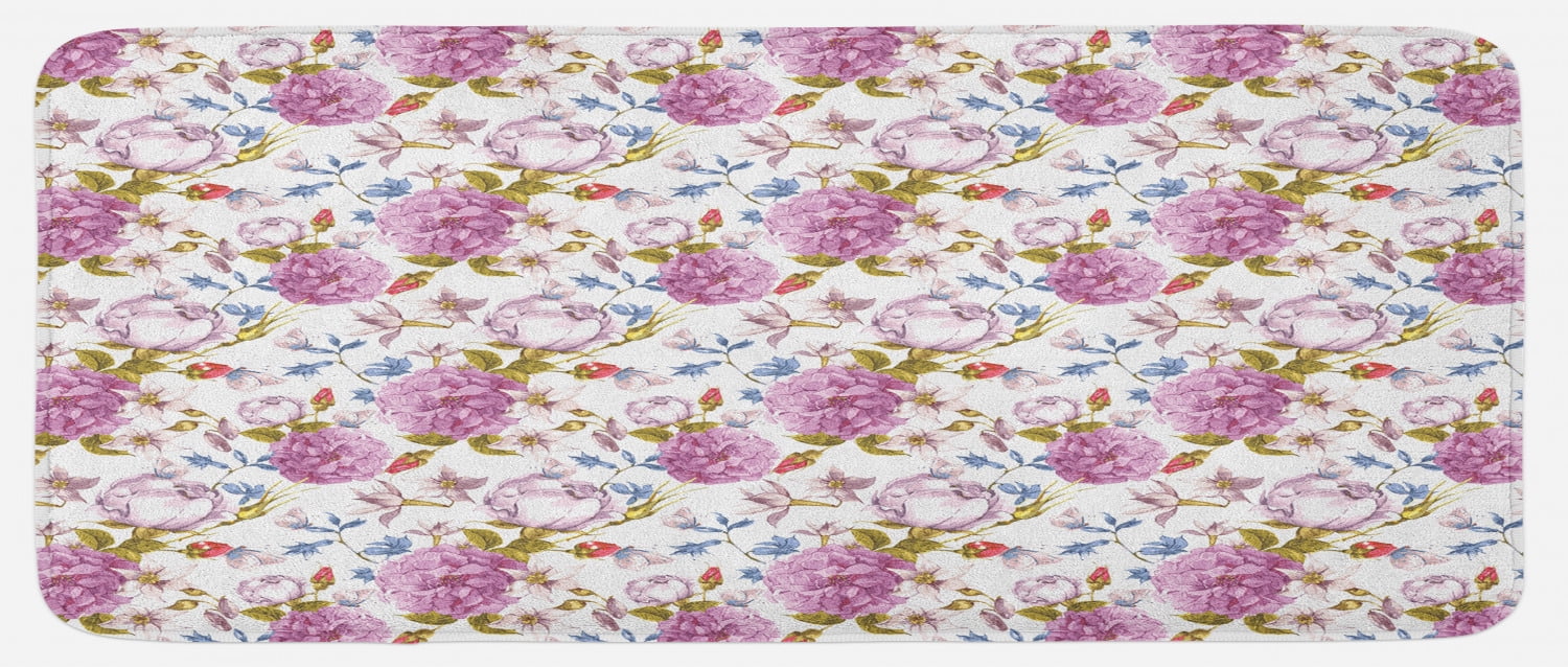 Floral Kitchen Mat, Vintage Pastel Spring Scene with Hydrangea Blooms ...