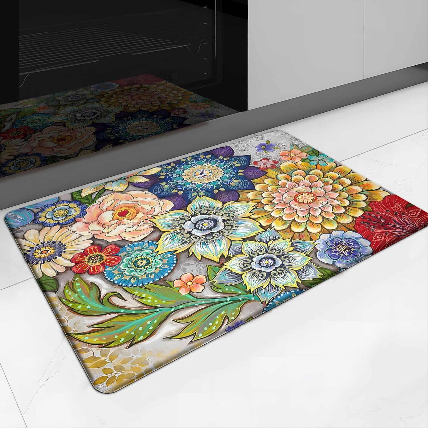 Floral Kitchen Rug Mat for Floor Boho Cushioned Anti-Fatigue Mat Memory ...