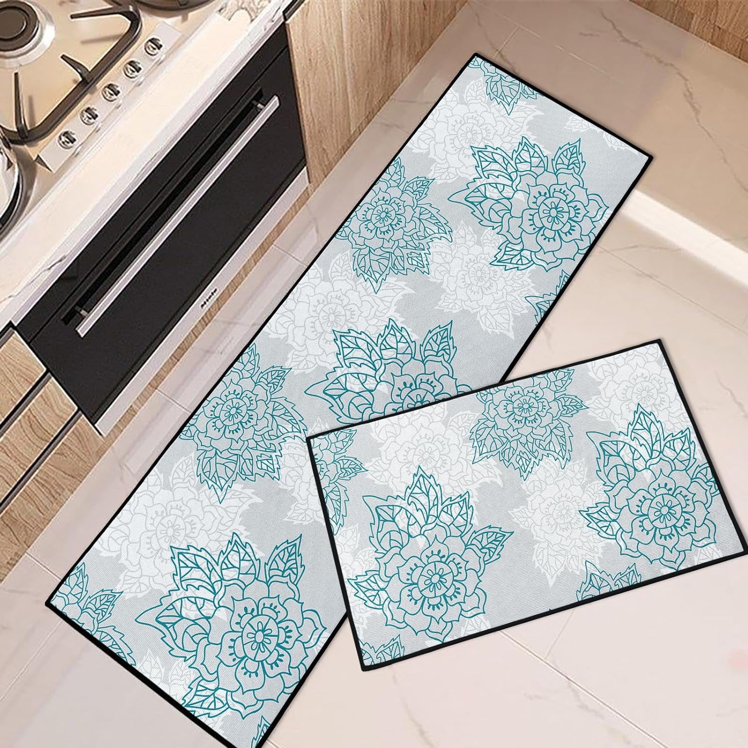 Floral Kitchen Rugs and Mats Non Skid Washable Set of 2, Abstract Green ...
