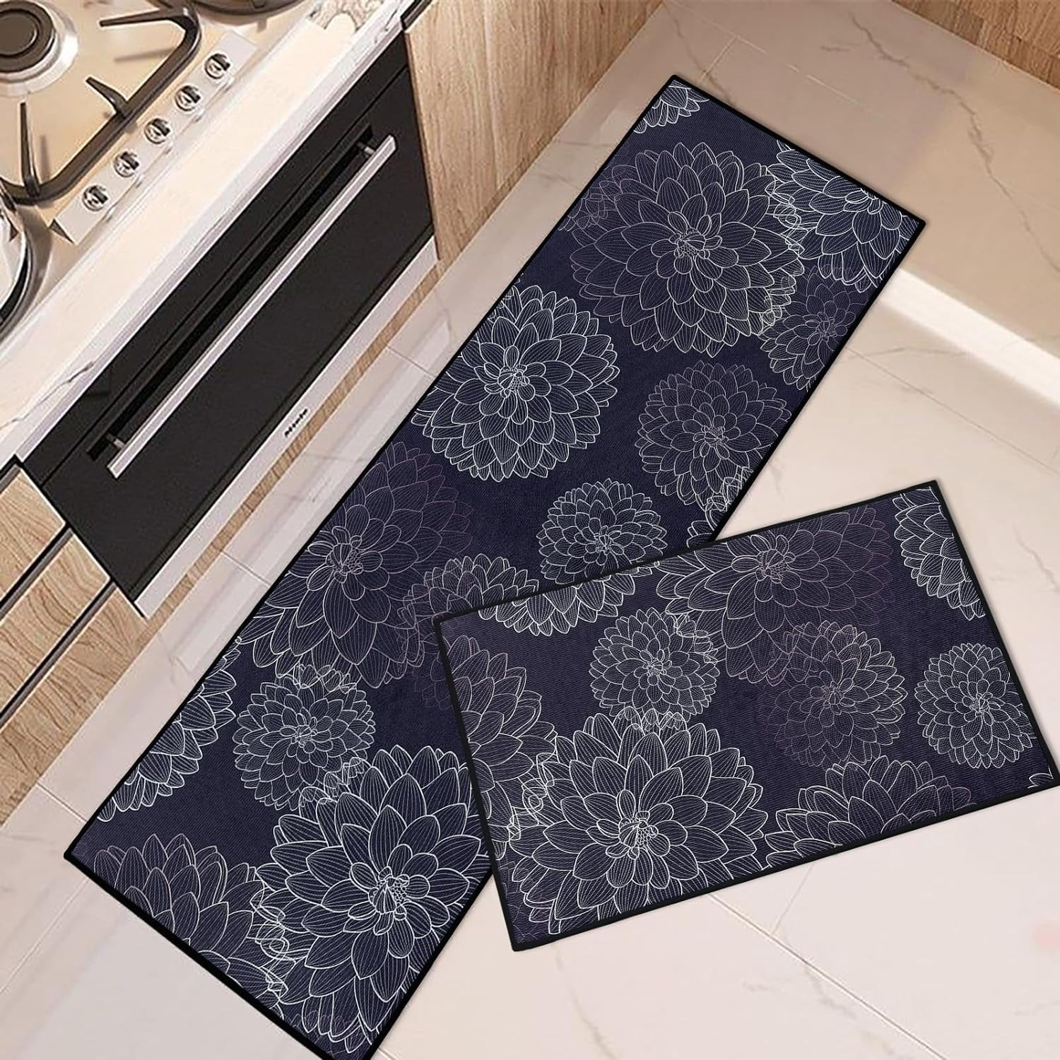 Floral Kitchen Rugs and Mats Non Skid Washable Set of 2, Luxurious ...