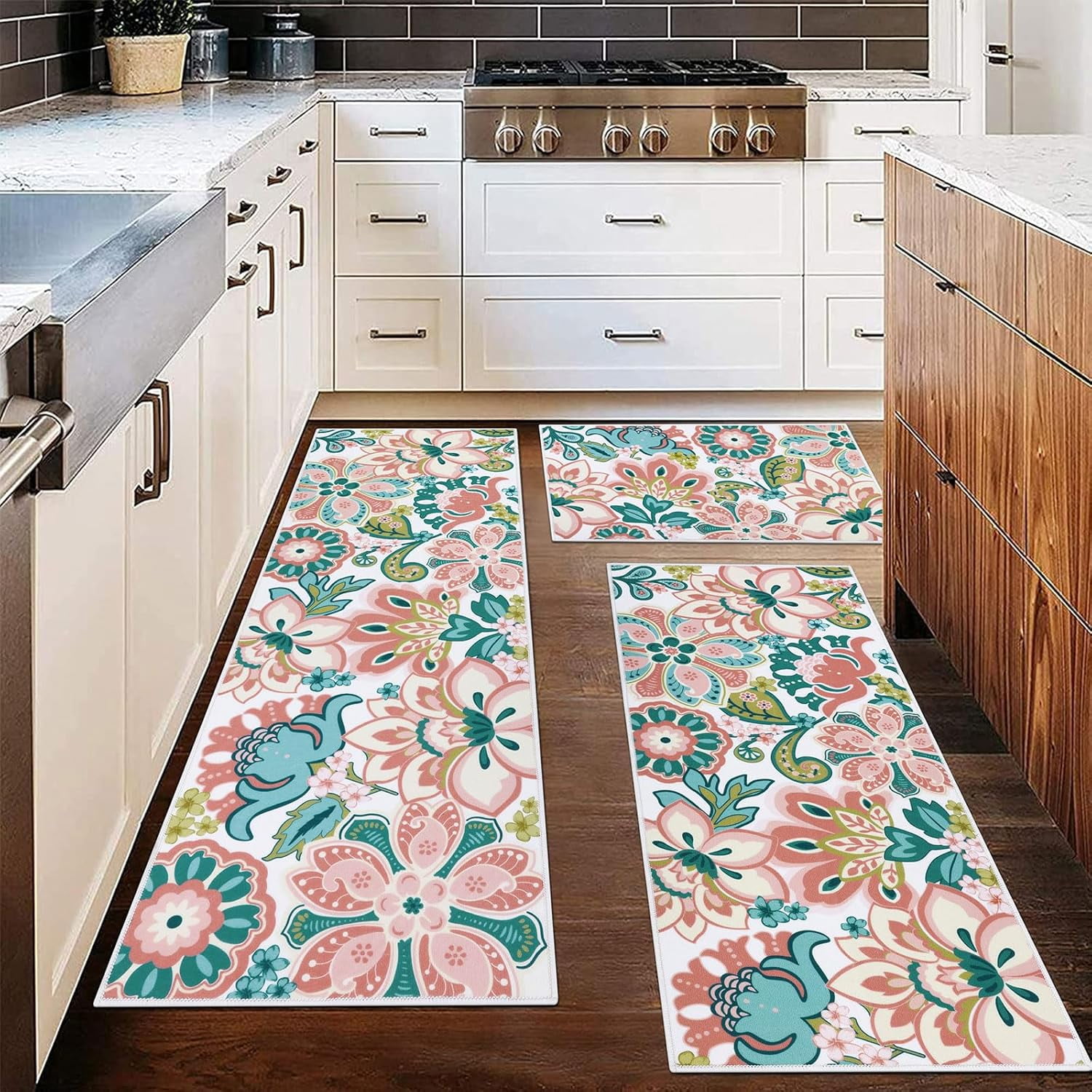 Floral Kitchen Rugs Sets of 3 Piece Abstract Flower Kitchen Floor Mat ...