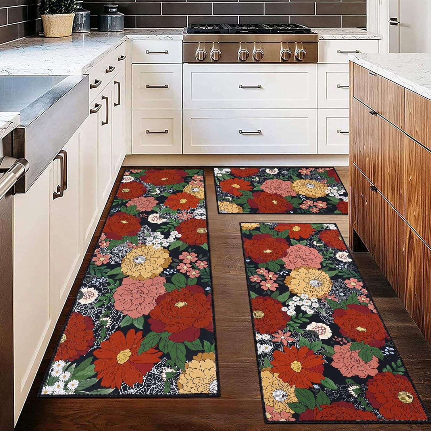 Floral Kitchen Rugs Sets of 3 Piece Vintage Flower Kitchen Floor Mat ...