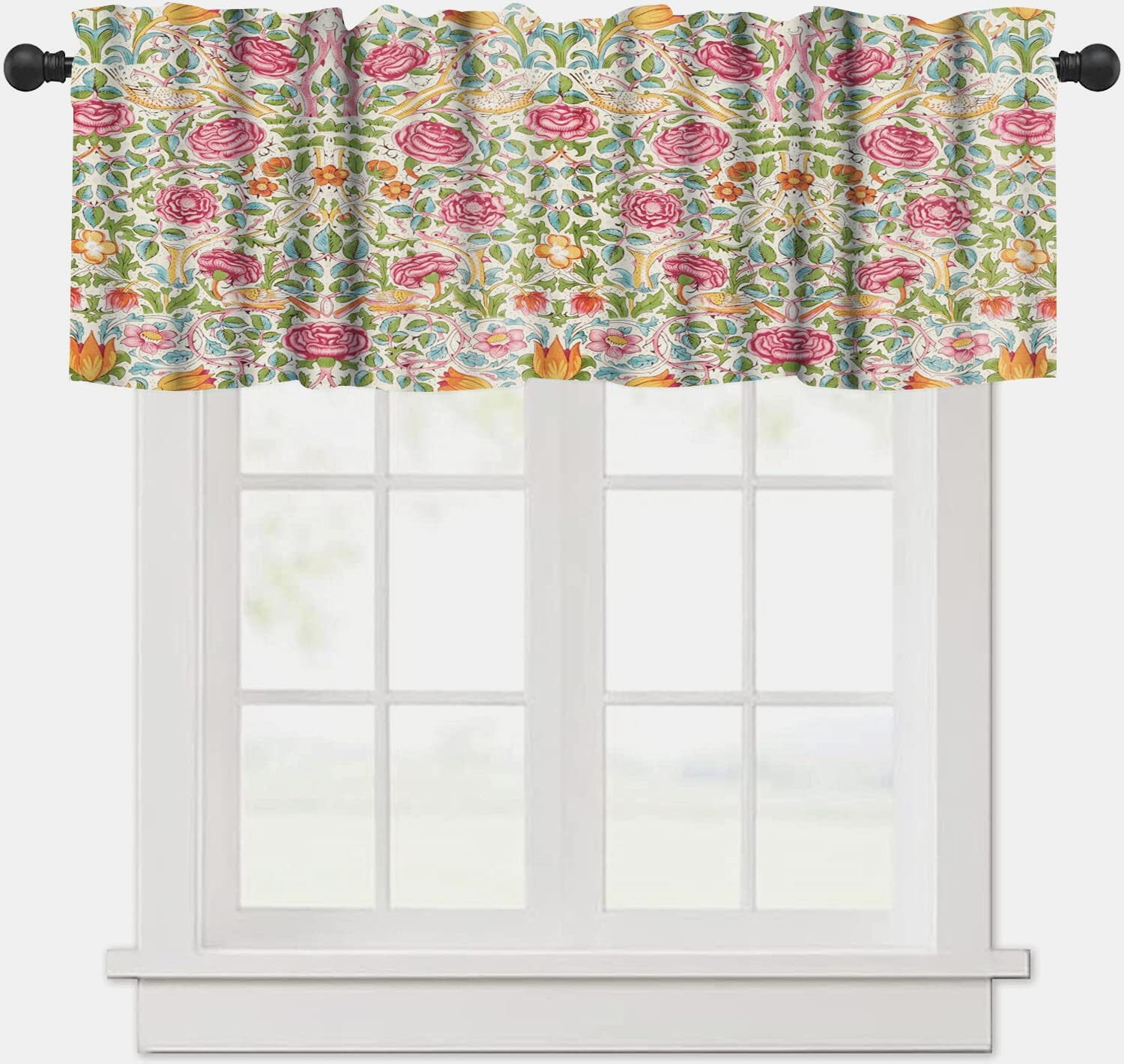 Floral Kitchen Valance, William Morris Art Rose Flower Birds Pink Small ...