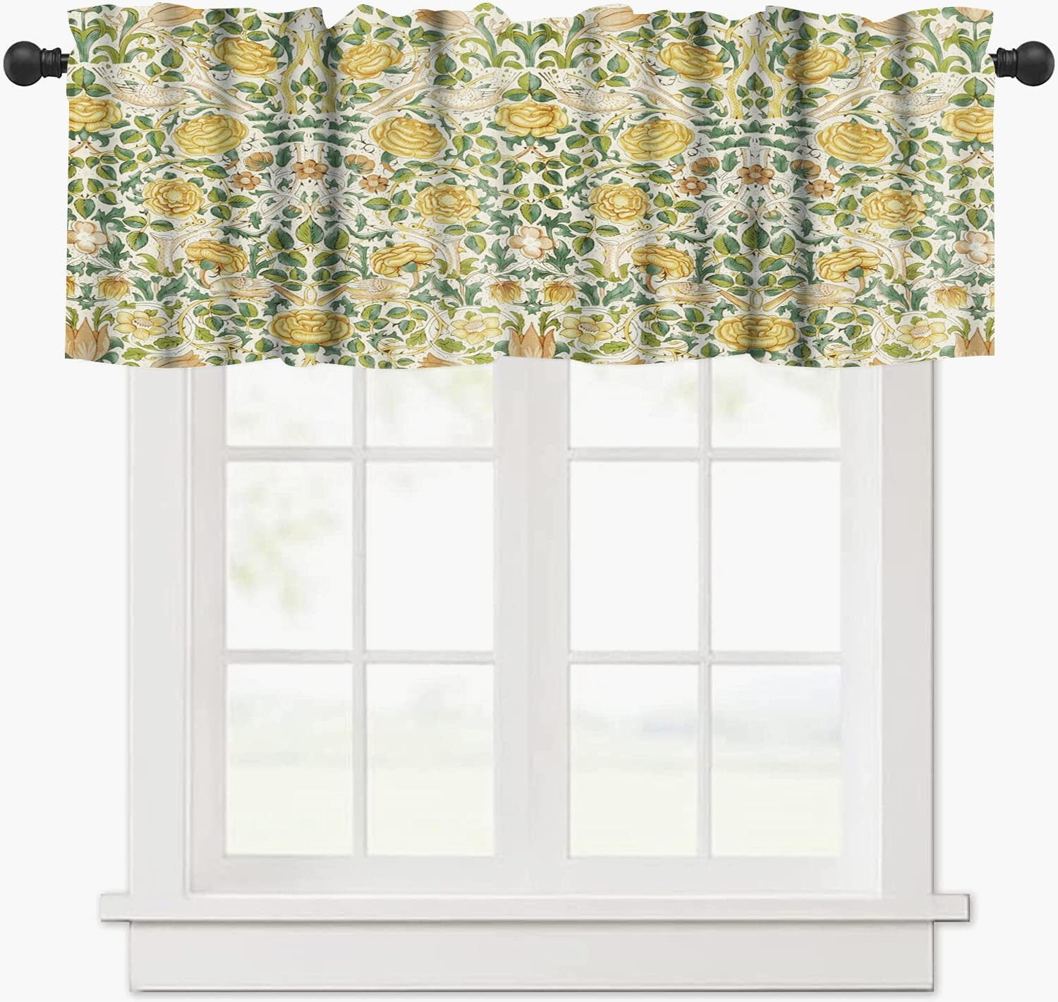 Floral Kitchen Valance, William Morris Art Rose Flower Birds Yellow ...