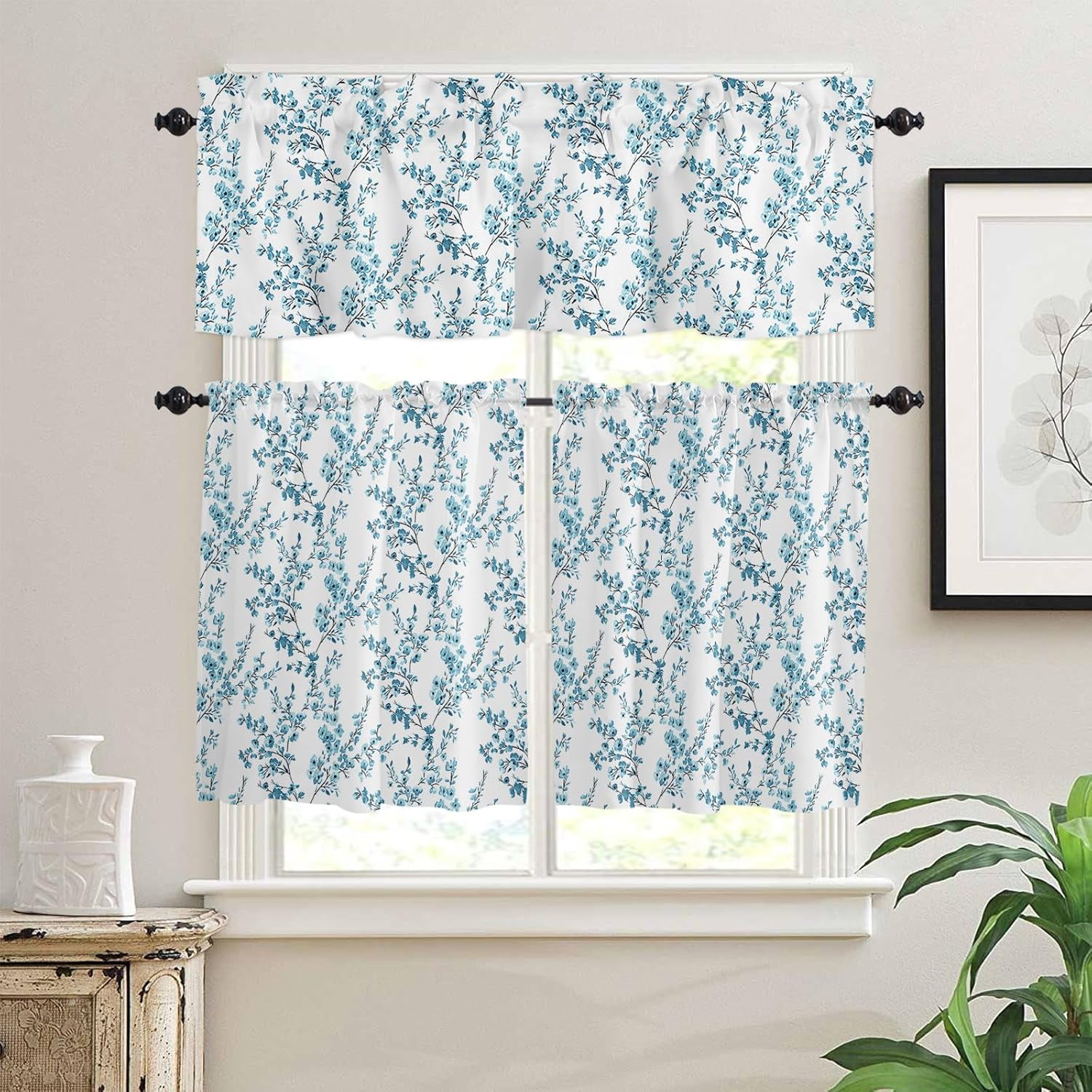 Floral Kitchen Window Curtain Set with Tiers and Valance, 3 Pieces Rod ...