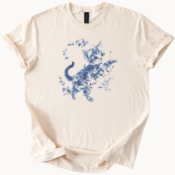 Floral Kitten Tee Blue Cat Lover Shirt Cute Animal Print Gift - Walmart.com