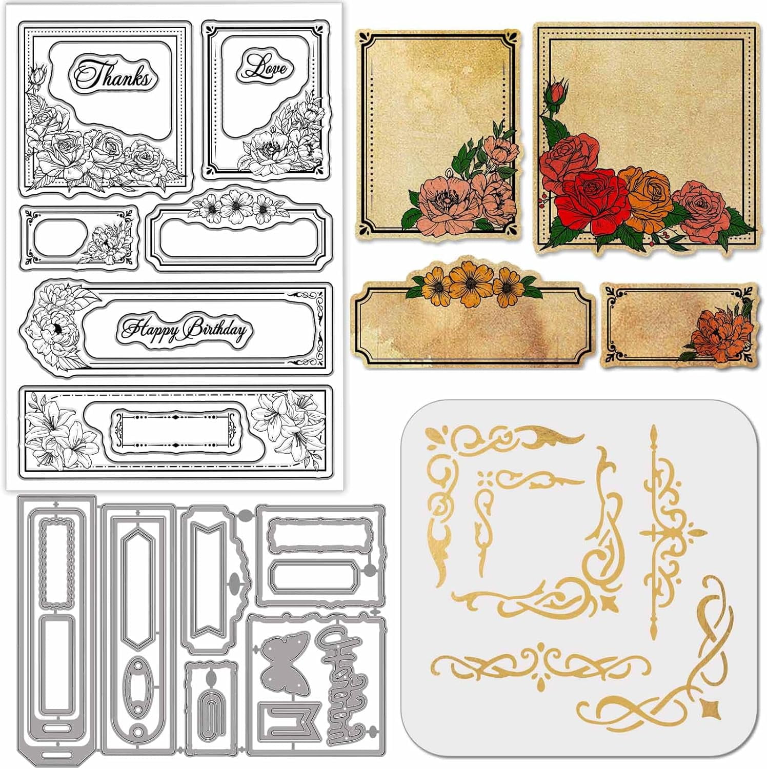 Floral Label Frame Clear Silicone Stamp Metal Flower Border Cutting Die ...
