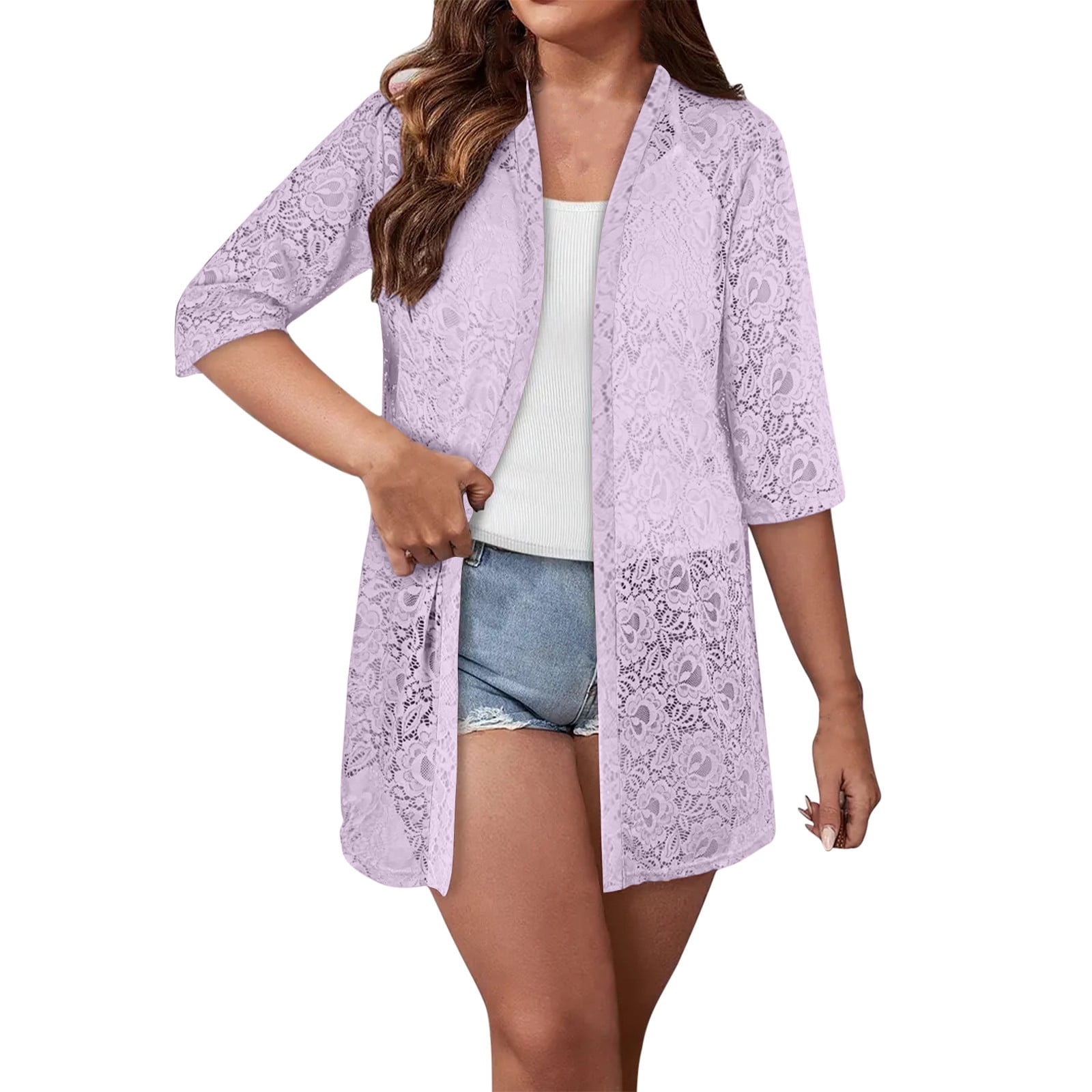 Floral Lace Cardigans for Women Lightweight 3/4 Sleeve Tops Casual ...