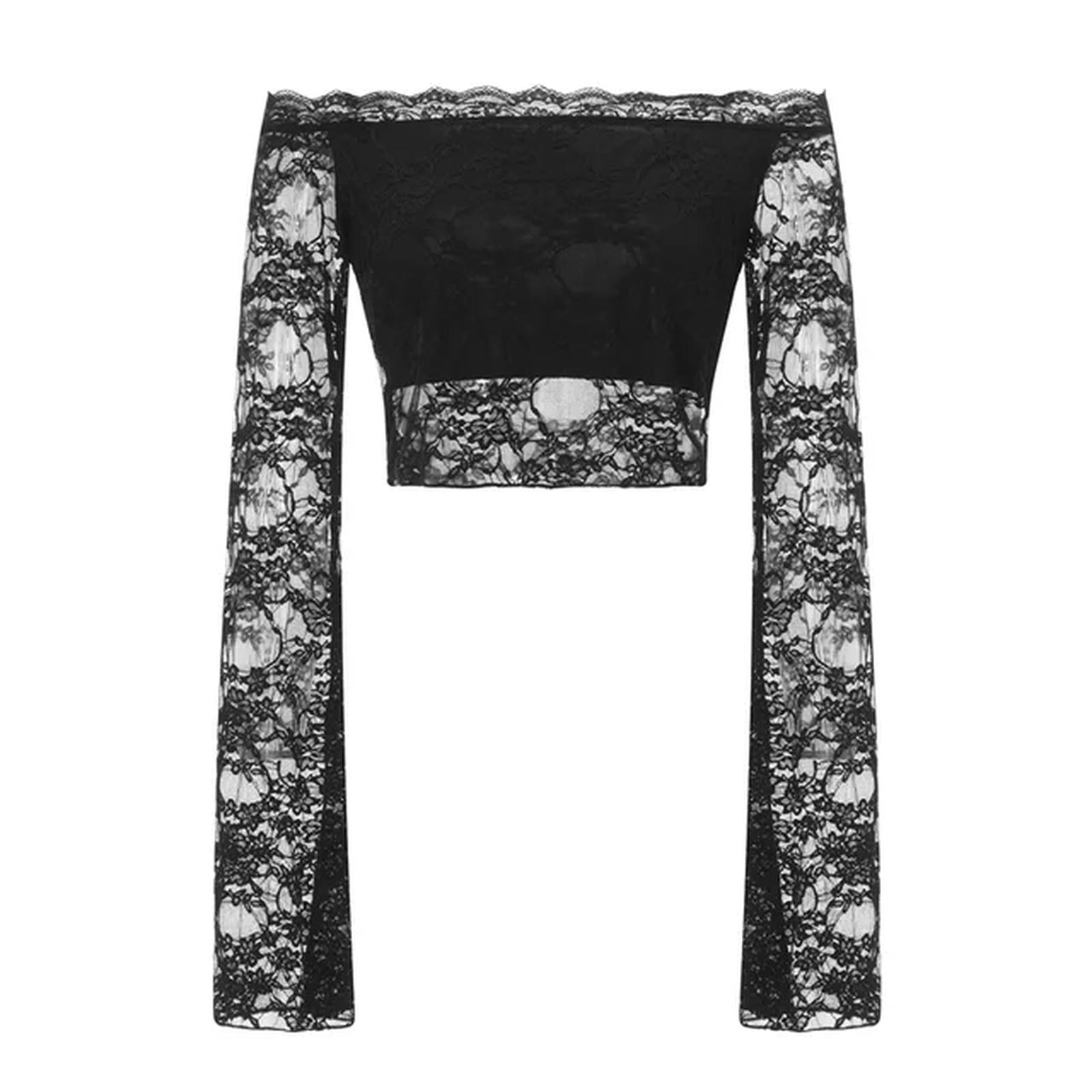 Floral Lace Crop Top Clothes Women Off Shoulder Flared Long Sleeve T Shirt Black Tee Party