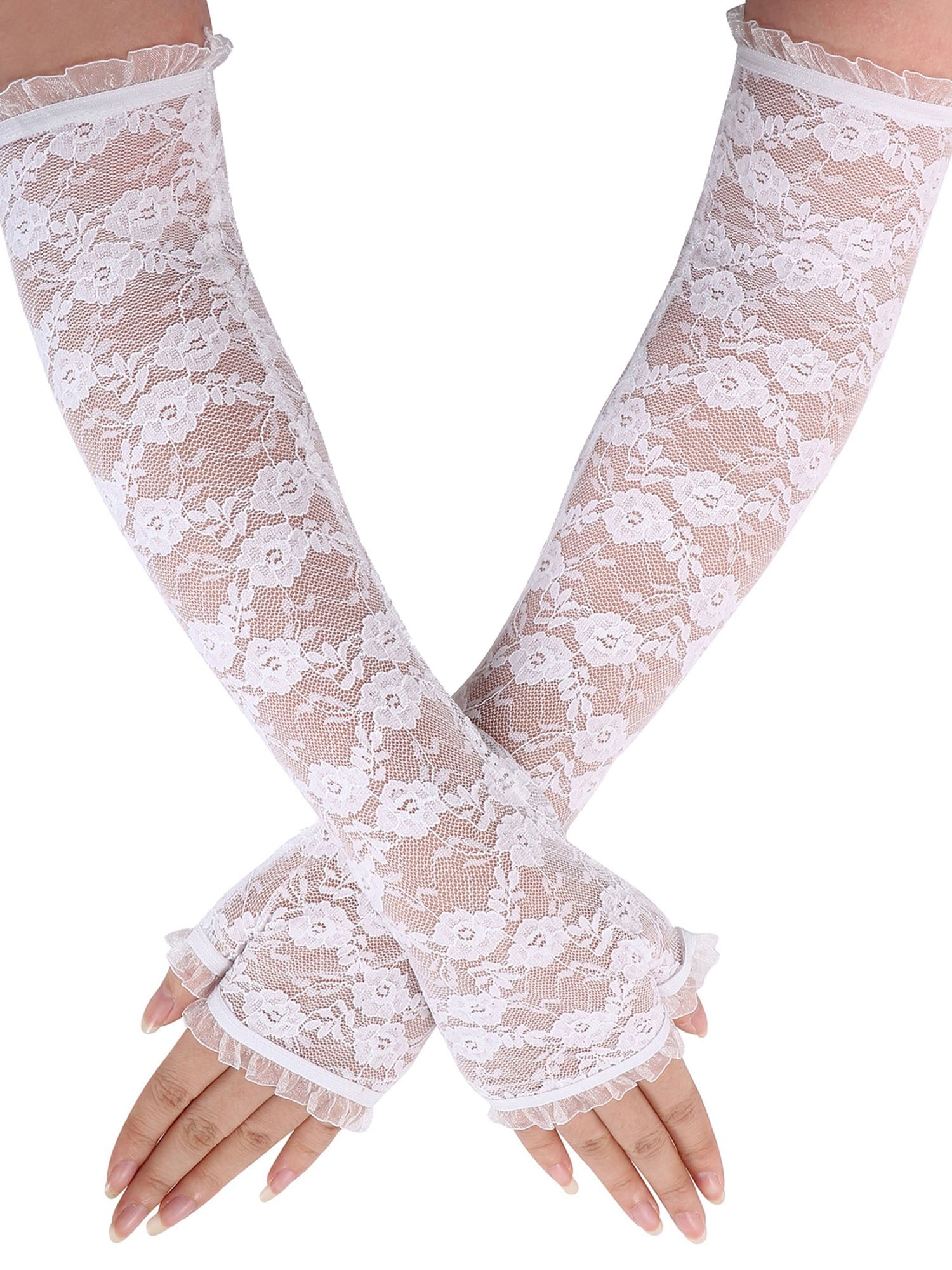 Floral Lace Elbow Length Ruffle Fingerless Ultraviolet-Proof Gloves ...