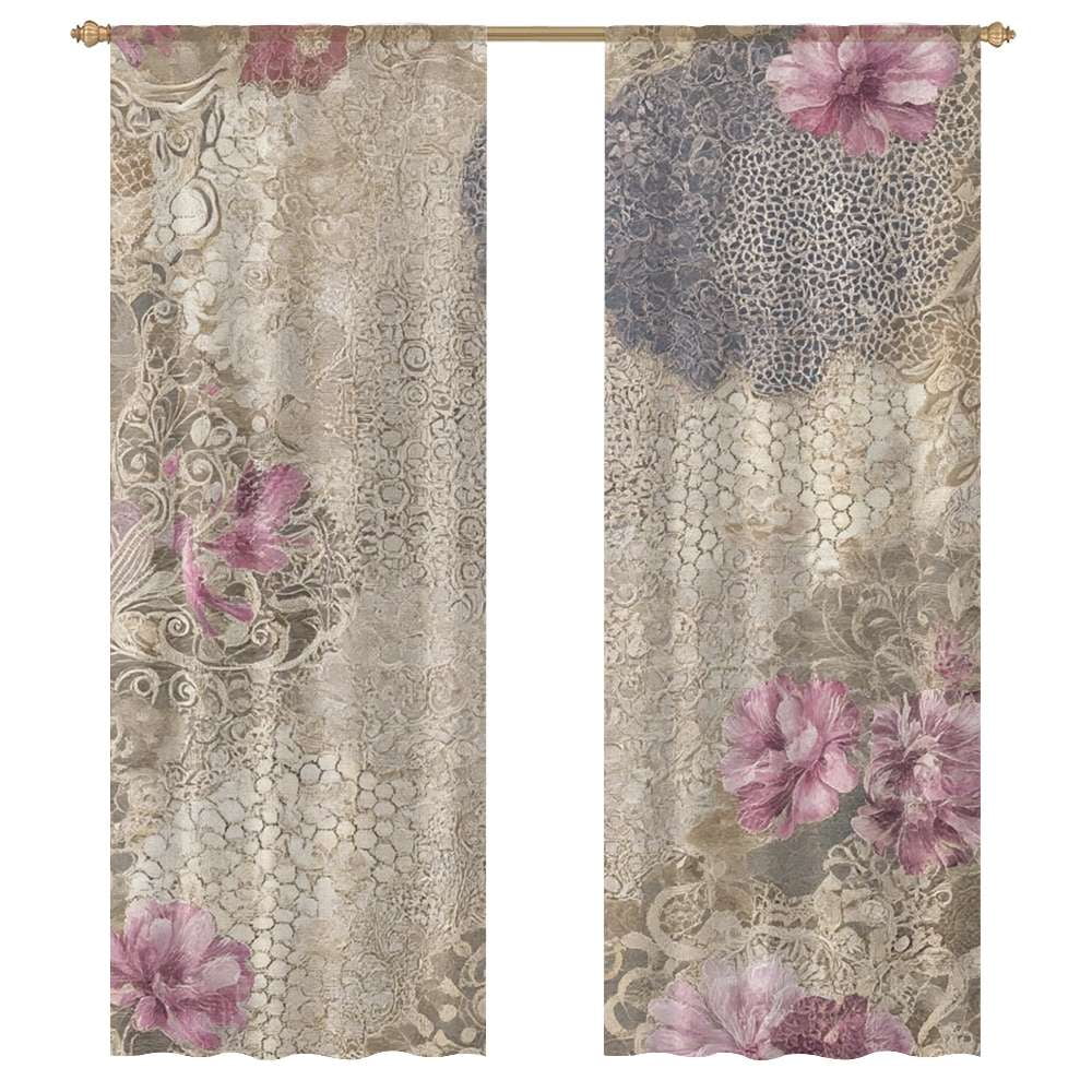 Floral Lace Textured Pattern Design Sheer Window Curtains for Living ...