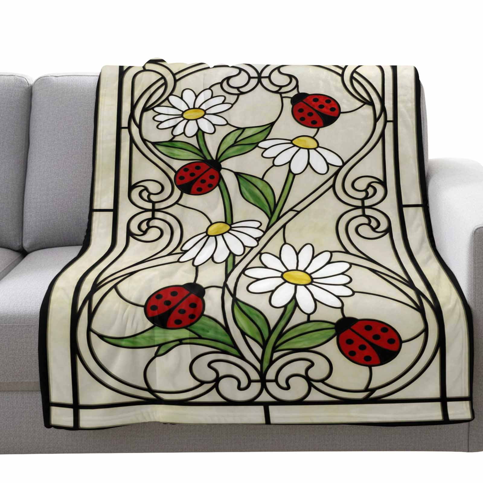Floral Ladybug Fleece Throw Blanket Lightweight Retro White Daisy Leaf ...